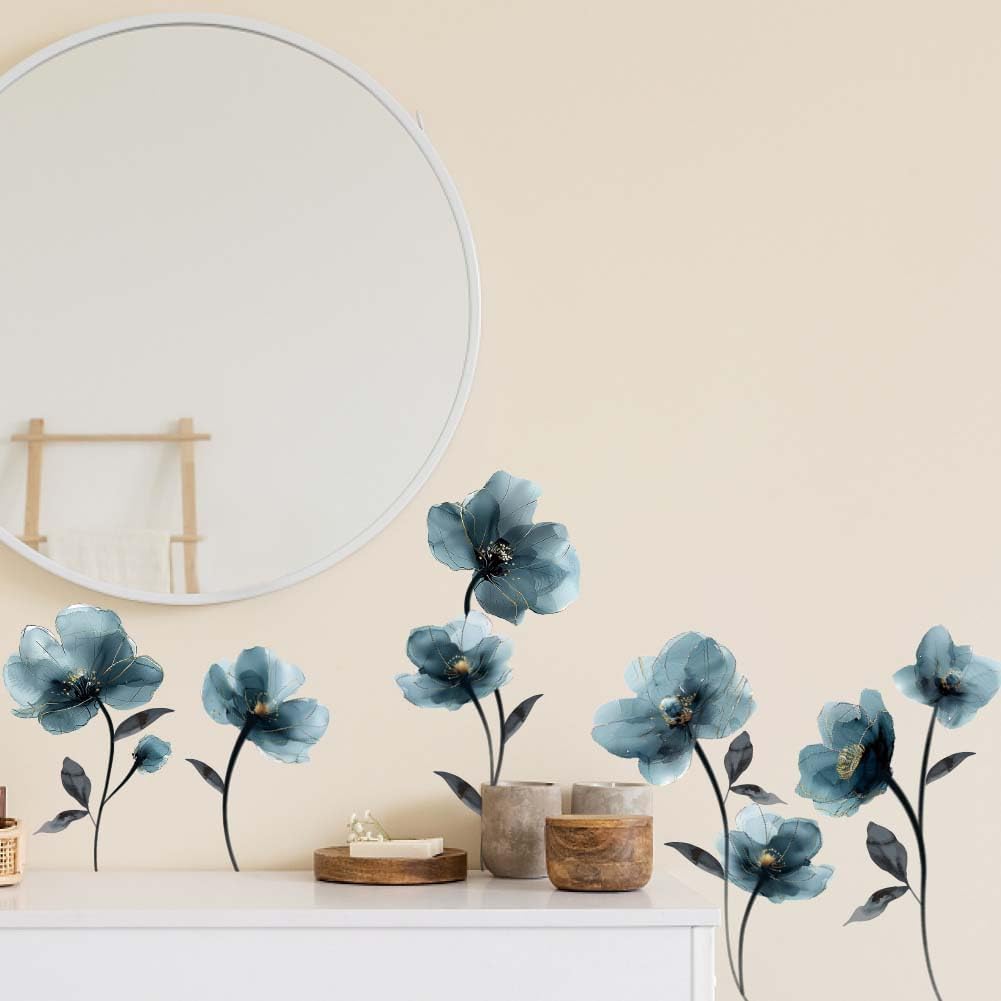 Blue Flowers Wall Stickers Ink Painting Style Flower Wall Decals ...