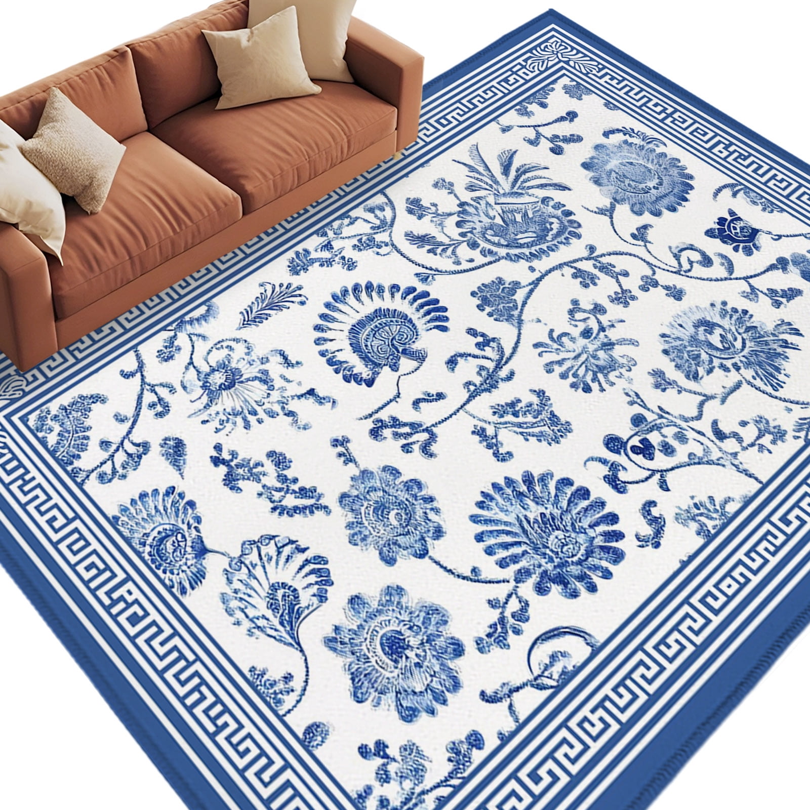 Blue Flowers Washable Living Room Rugs 9'x12', Floral Geometric Classic ...
