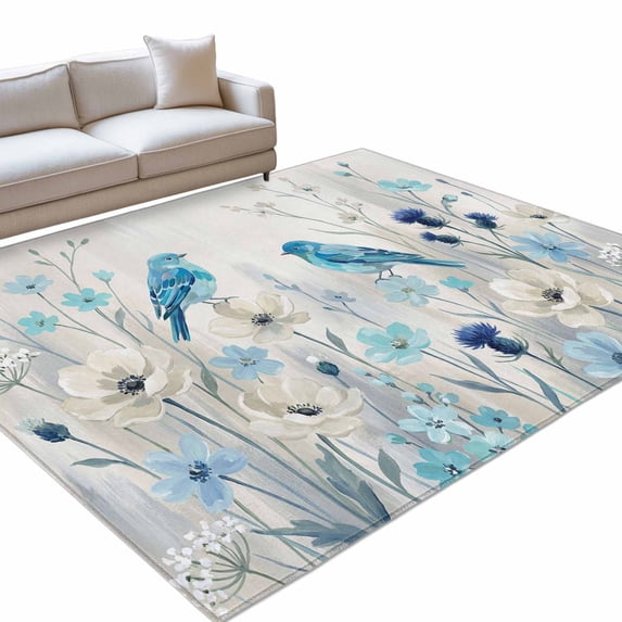 Blue Flowers Washable Rug 4x6 Area Rug for Living Room Bedroom Non Slip ...