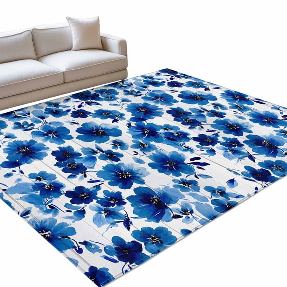 Blue Flowers Washable Rug 5x7 Area Rug for Living Room Bedroom Non Slip ...