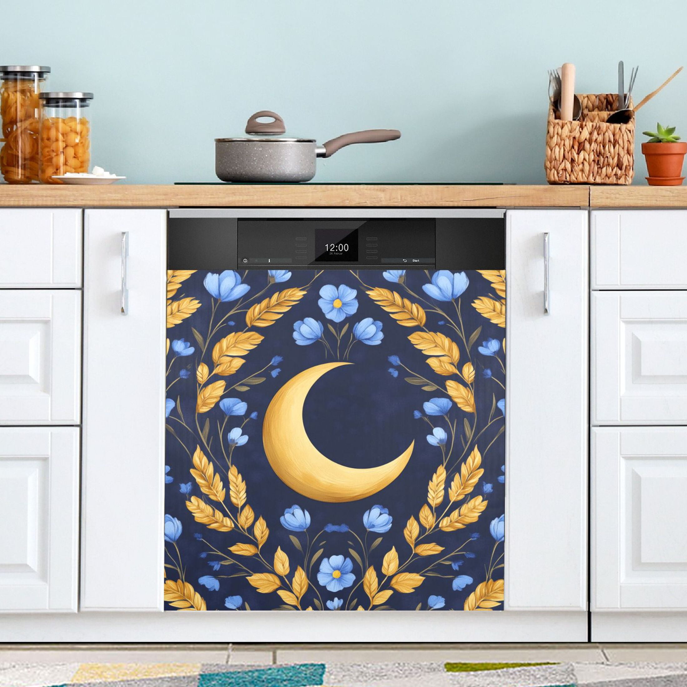 Blue Flowers Wheat Crescent Moon Dishwasher Magnet Refrigerator ...