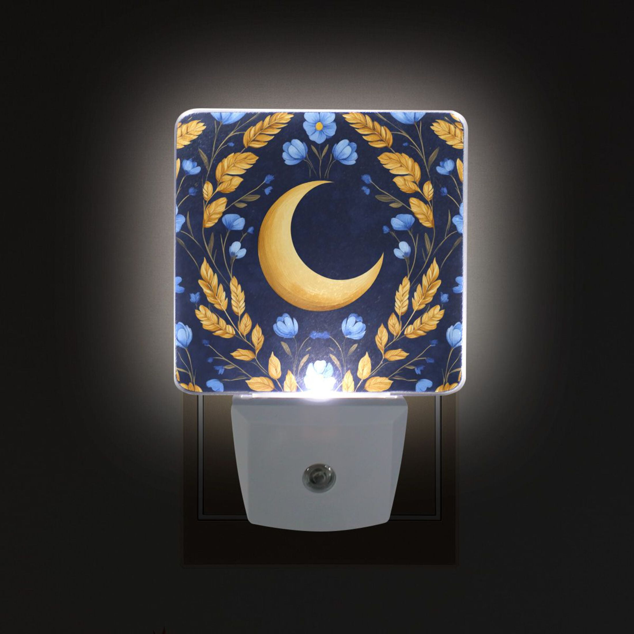 Blue Flowers Wheat Crescent Moon LED Night Light Sensor Lamp Plug-in ...