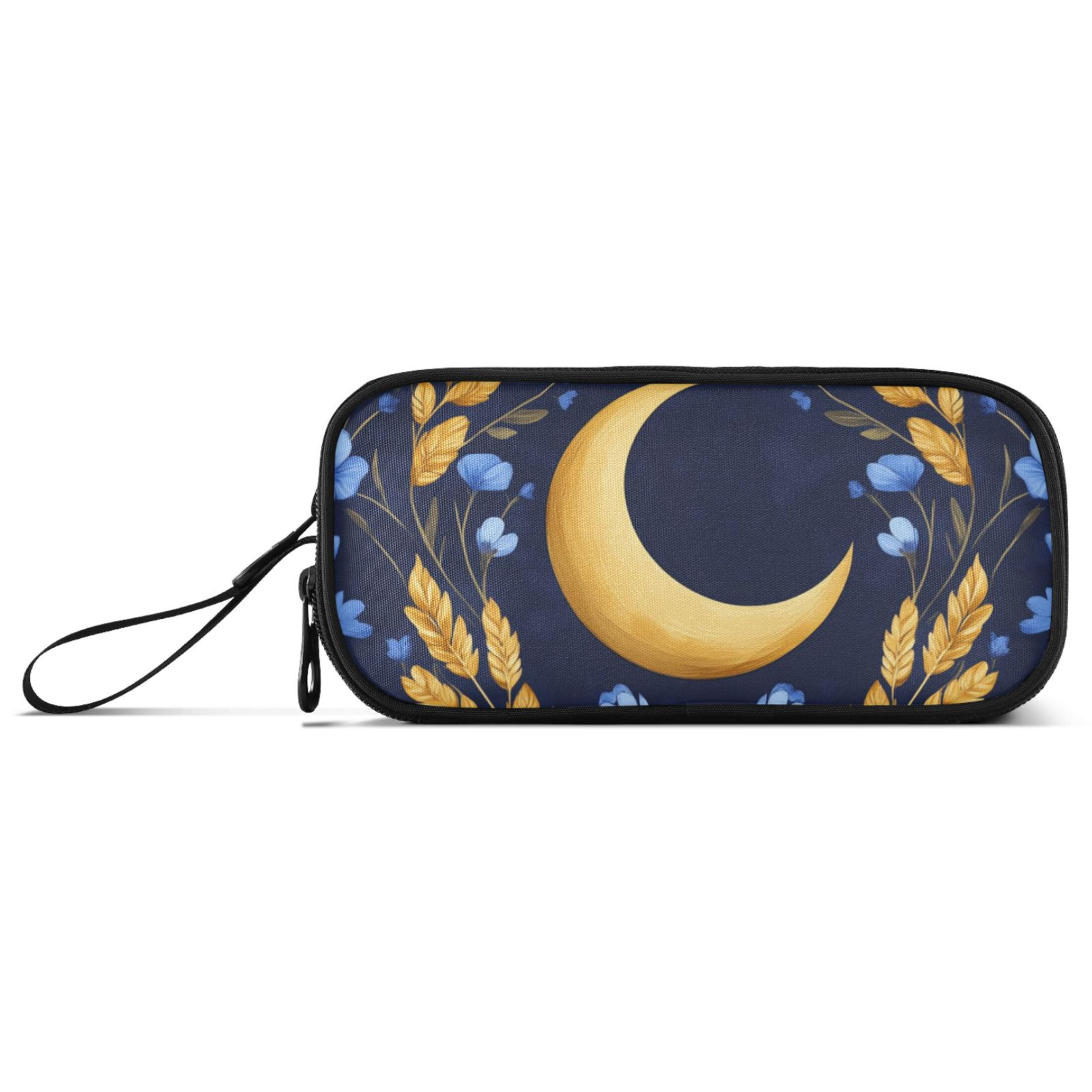 Blue Flowers Wheat Crescent Moon Pencil Case Stationary Holder Pen Bag ...