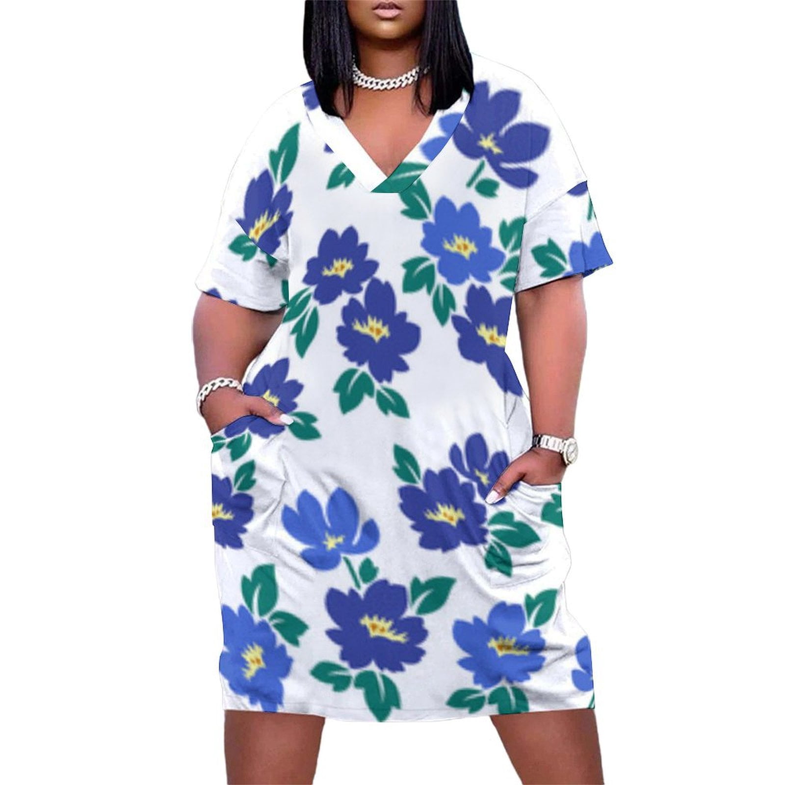 Blue Flowers White Background Pattern Women's Summer Short Sleeve ...