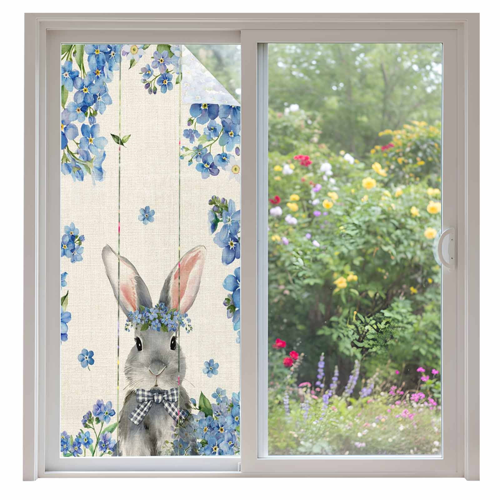 Blue Flowers Window Privacy Film, Easter Rabbits Vintage Linen Spring ...