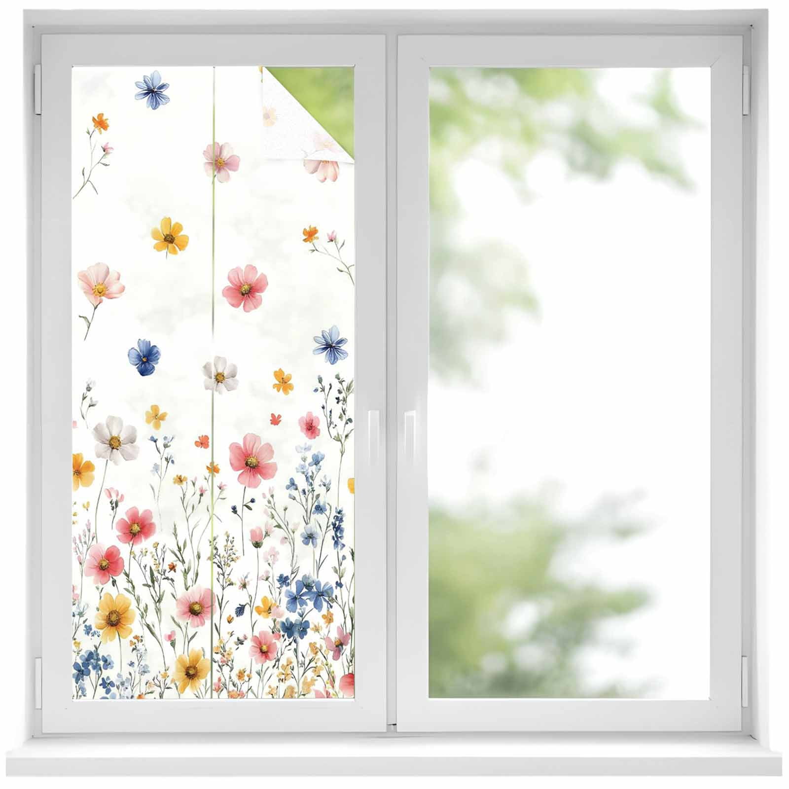 Blue Flowers Window Privacy Film, Pink Watercolor Botanical Garden ...