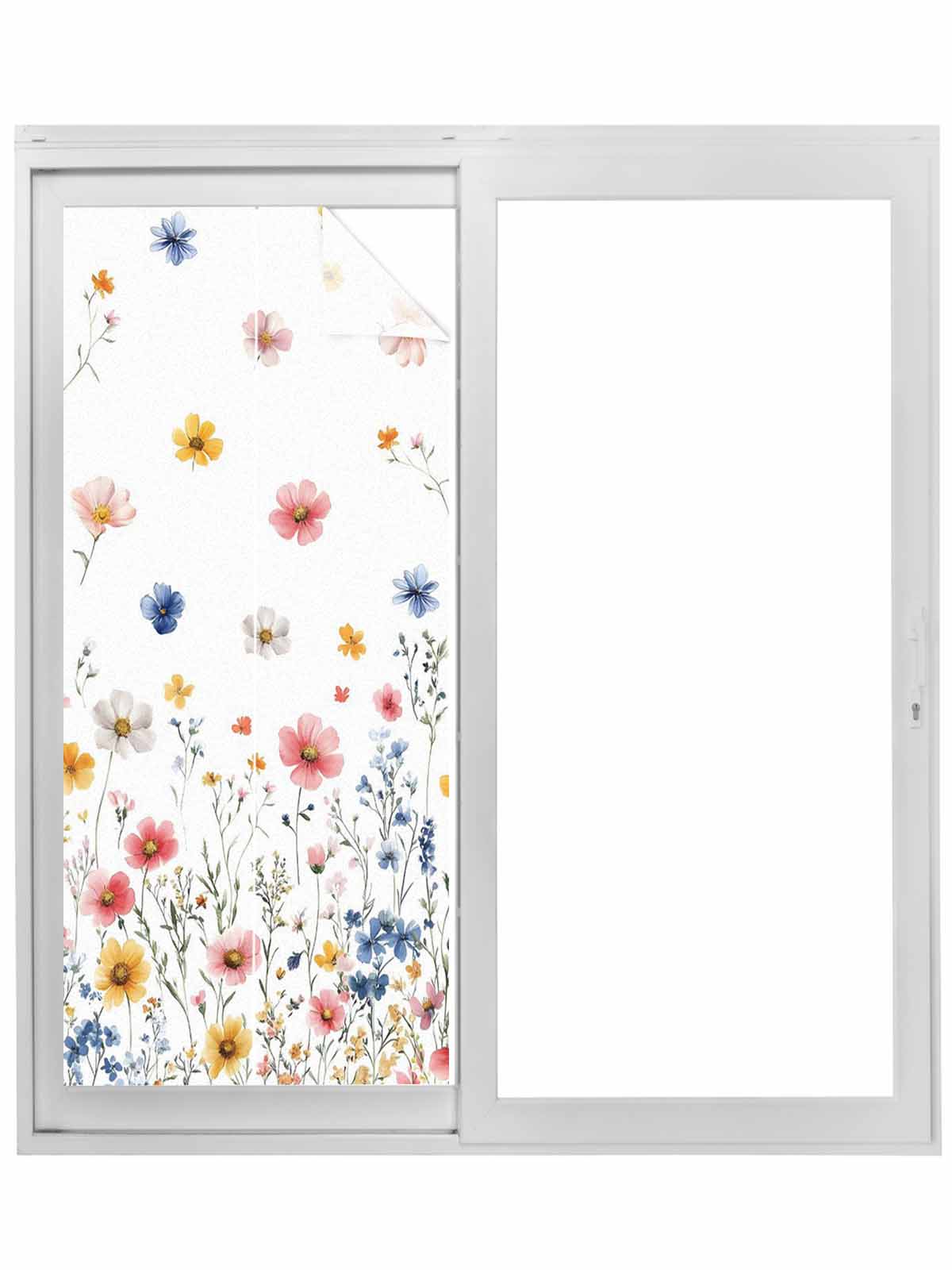 Blue Flowers Window Privacy Film, Pink Watercolor Botanical Garden ...