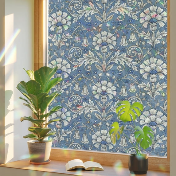 Blue Flowers Window Privacy Film Rainbow Static Cling Stain Glass ...