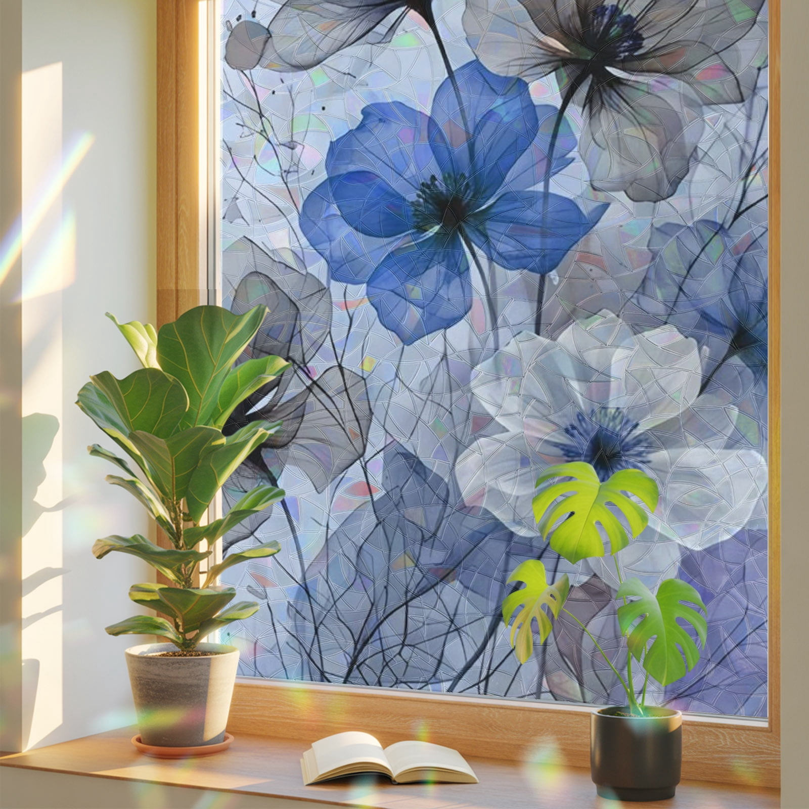 Blue Flowers Window Privacy Film Rainbow Static Cling Stain Glass ...