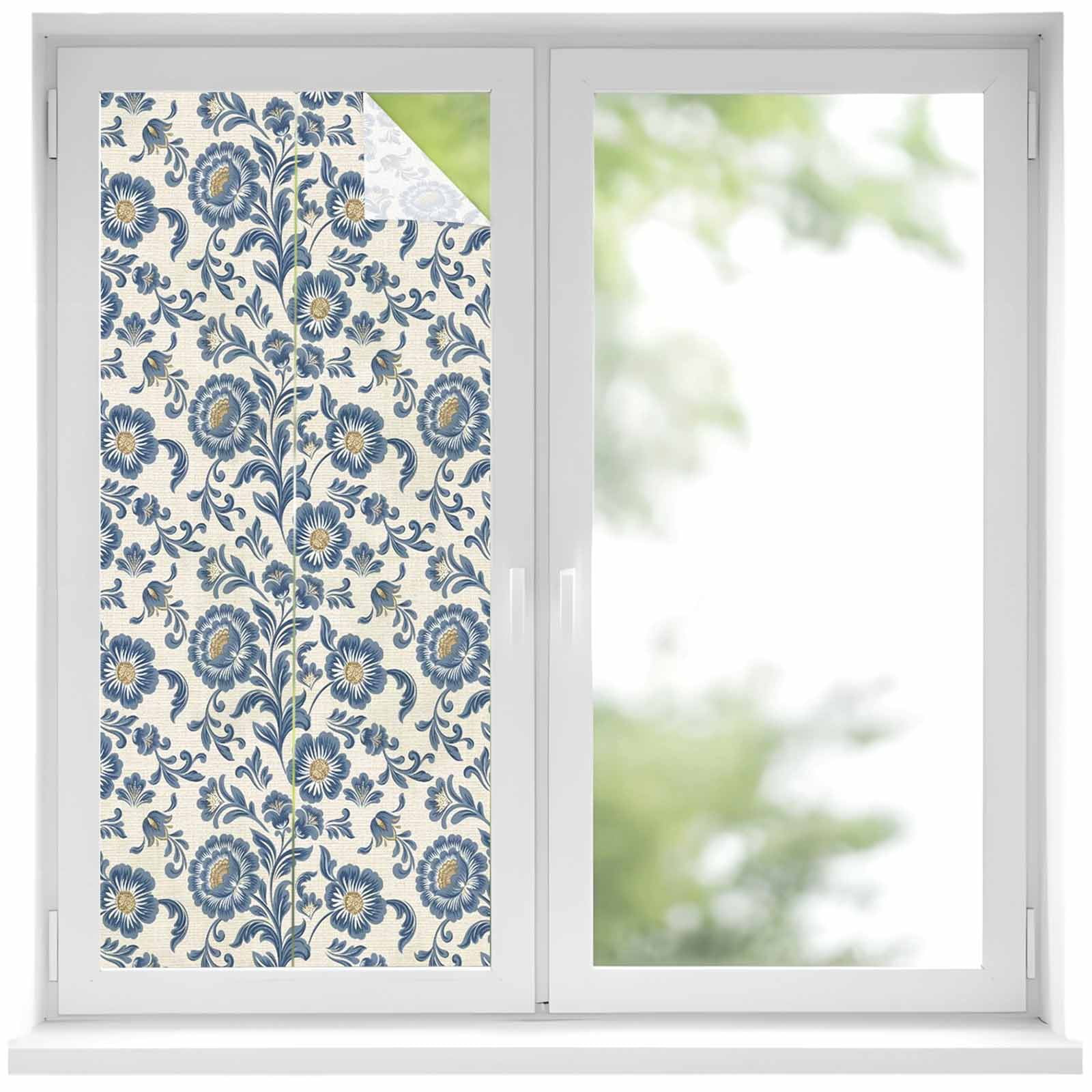 Blue Flowers Window Privacy Film, Spring Floral Elegant Pastoral Rustic ...