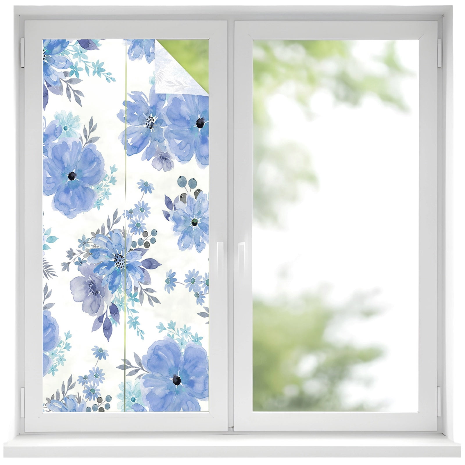Blue Flowers Window Privacy Film, Watercolors Spring Floral Abstract ...