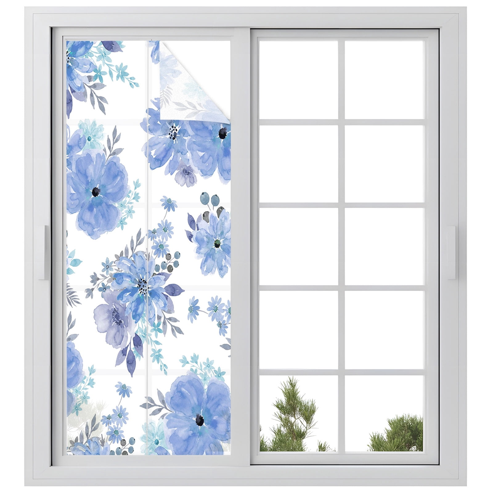 Blue Flowers Window Privacy Film, Watercolors Spring Floral Abstract ...