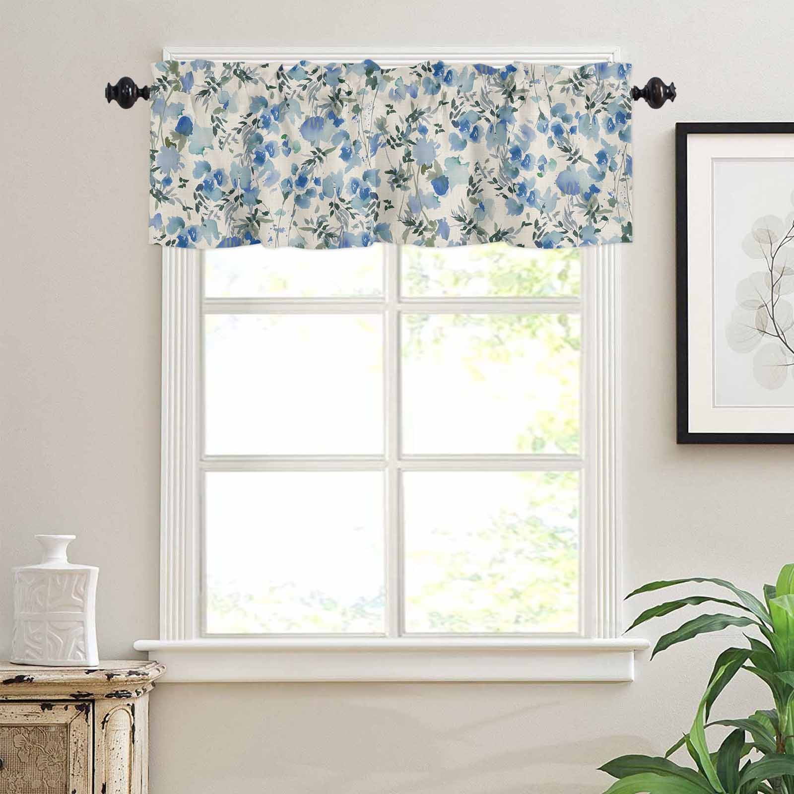 Blue Flowers Window Valances for Kitchen, Farmhouse Country Plant Rod ...