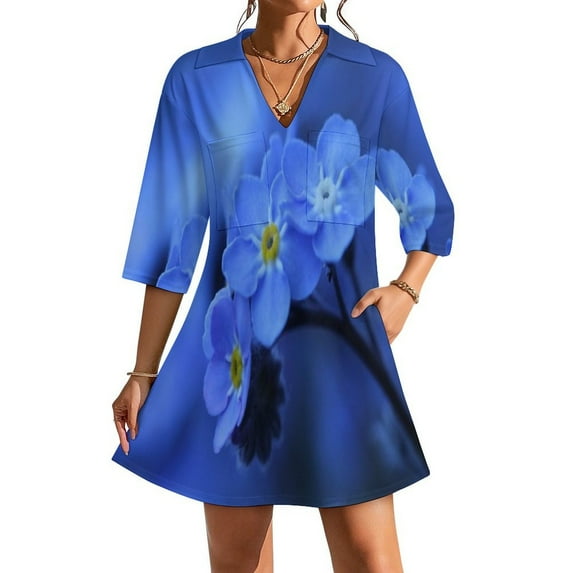 Blue Flowers Womens Dress With Pockets Summer V Neck 3/4 Sleeve Dress ...