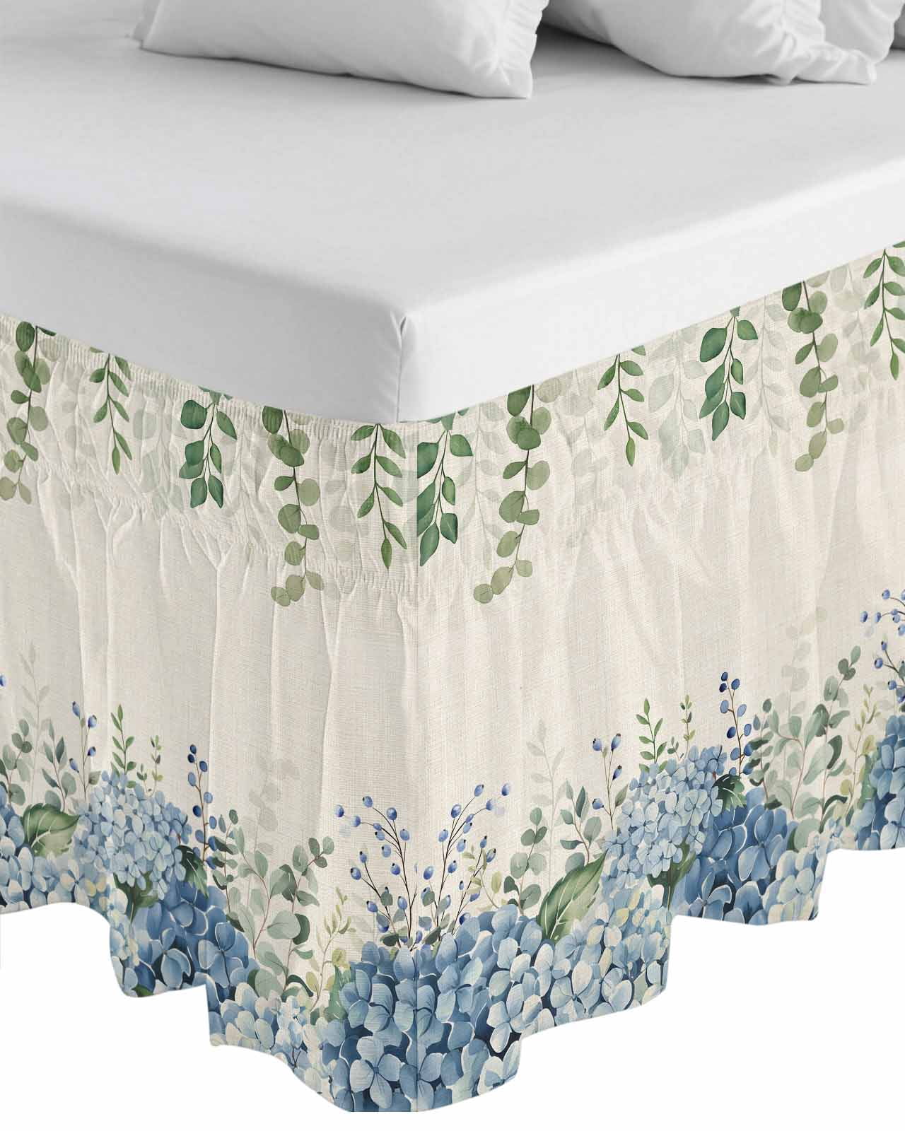 Blue Flowers Wrap Around Bed Skirts for Queen Bed 16" Drop,Bed Skirt ...
