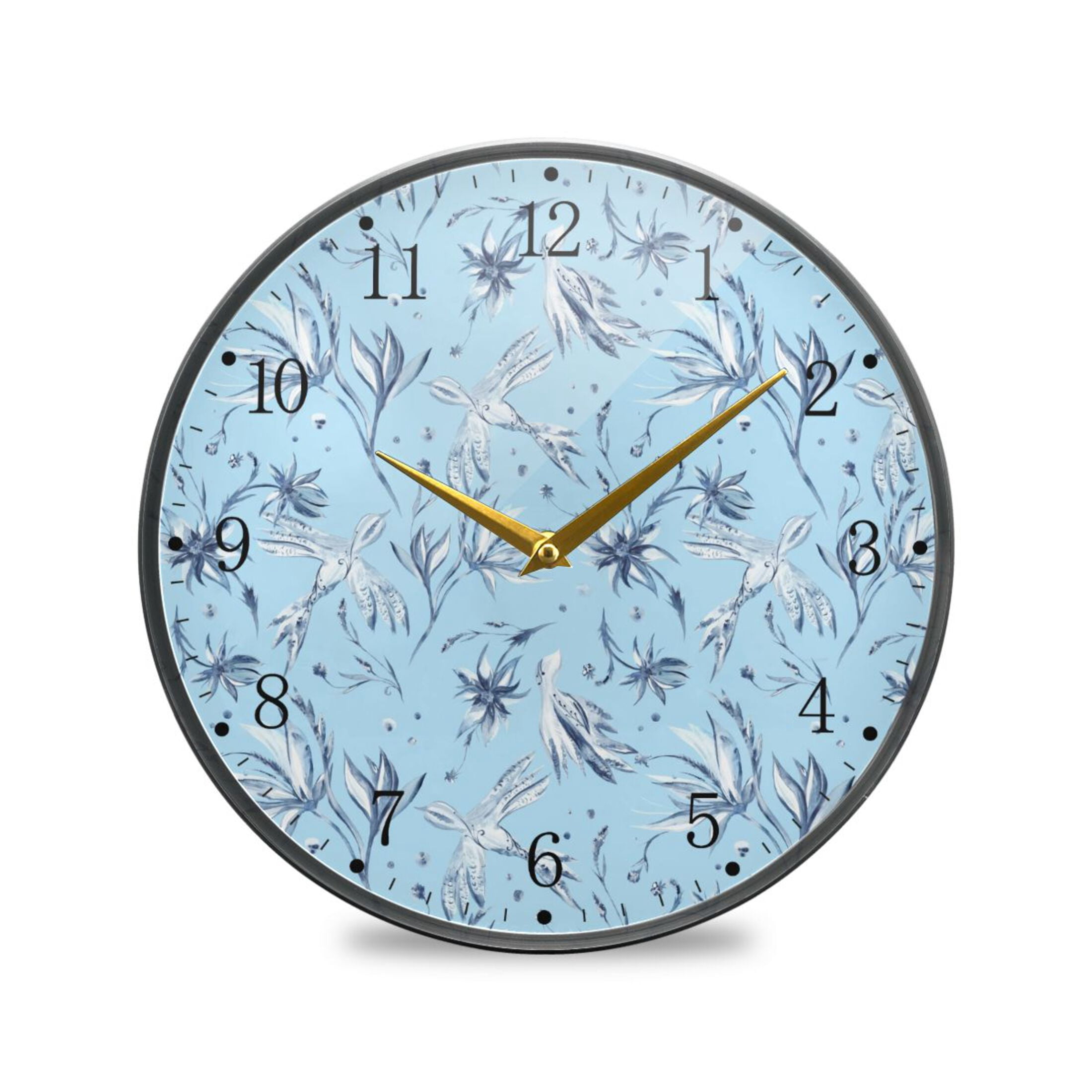 Blue Flowers and Birds Acrylic Wall Clocks Quiet Round Clock Battery ...