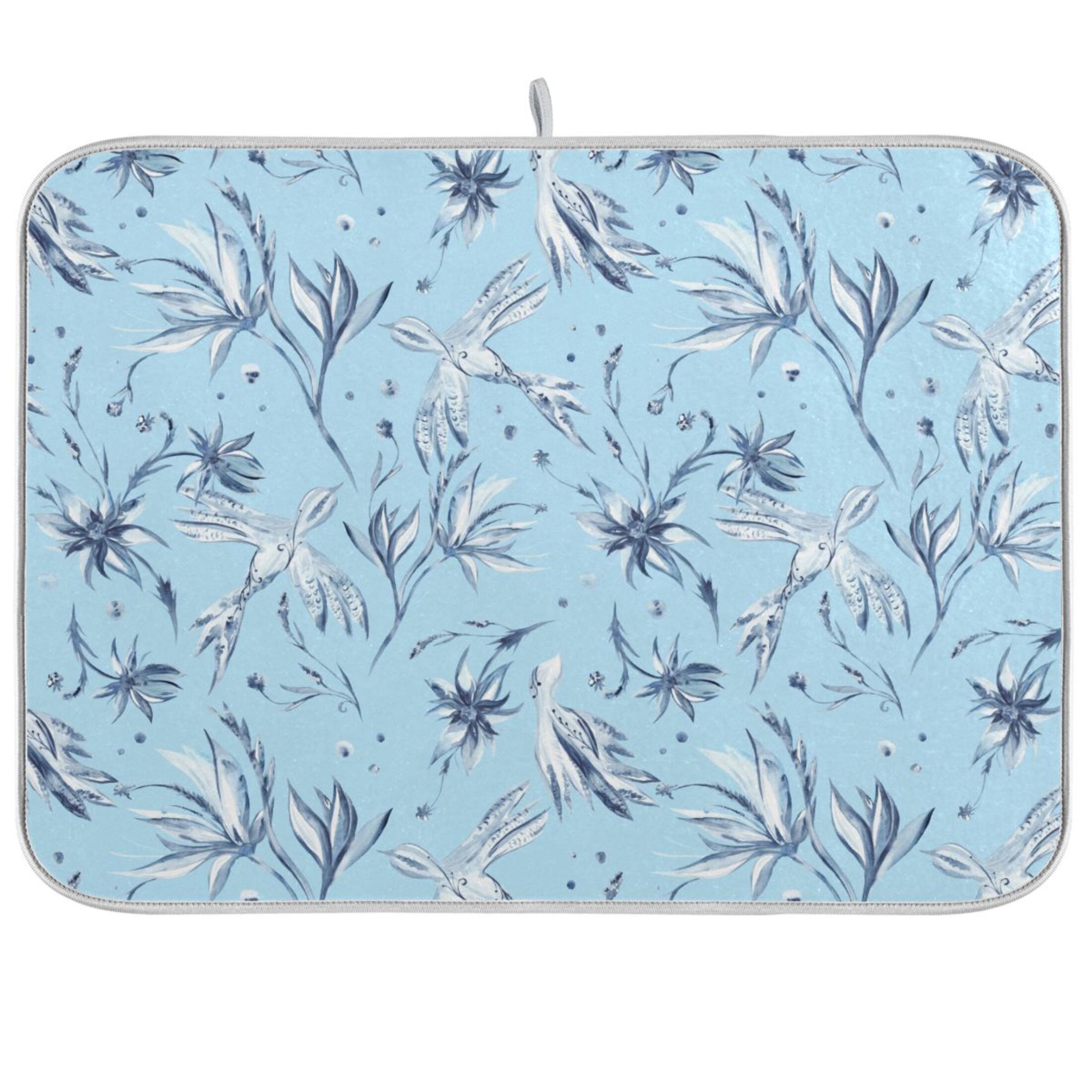Blue Flowers and Birds Dish Drying Mat Microfiber Kitchen Mats Large ...