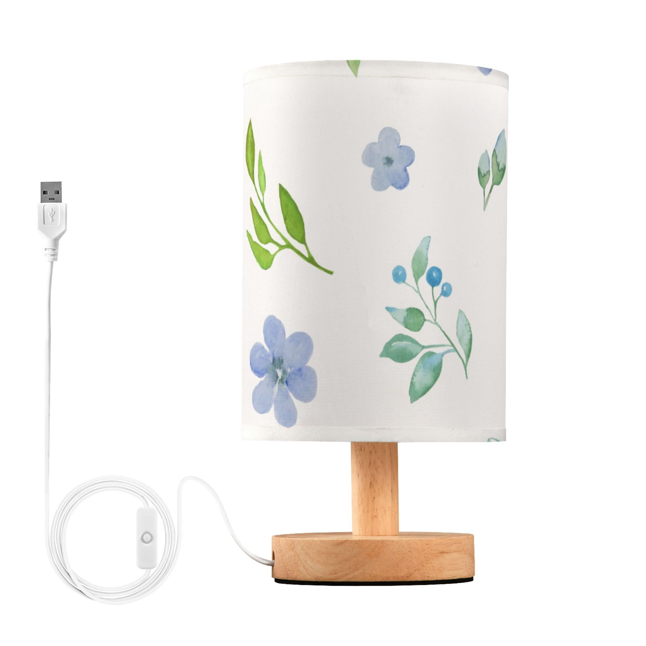 Blue Flowers and Green Leaves Bedside Table Lamp LED Warm Lights with ...