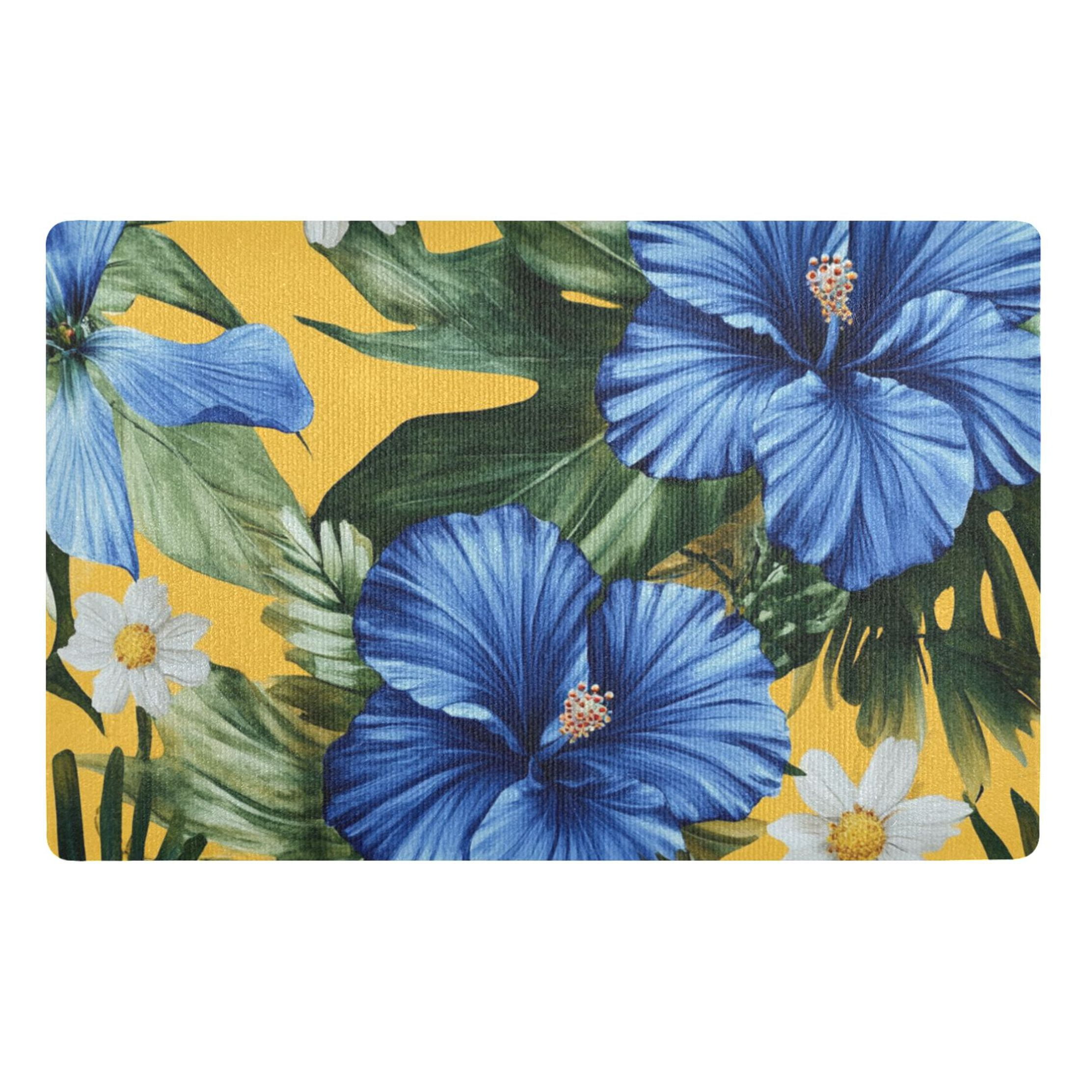 Blue Flowers and Tropical Leaves Floor Door Mat Outdoor Indoor for Home ...
