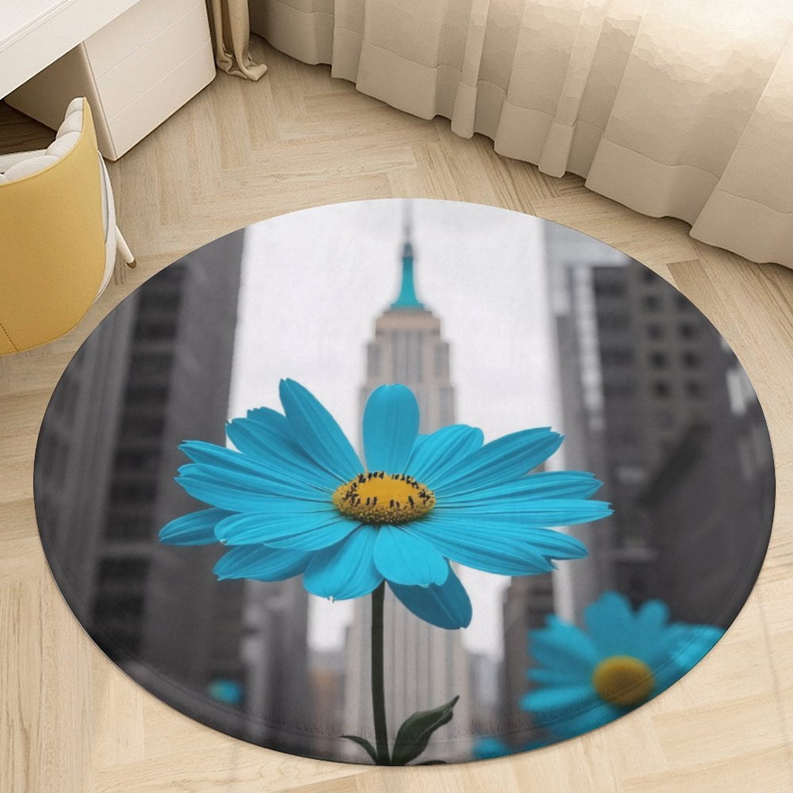 Blue Flowers in Cityscape Round Area Rugs for Bedroom Living Room, 6FT ...