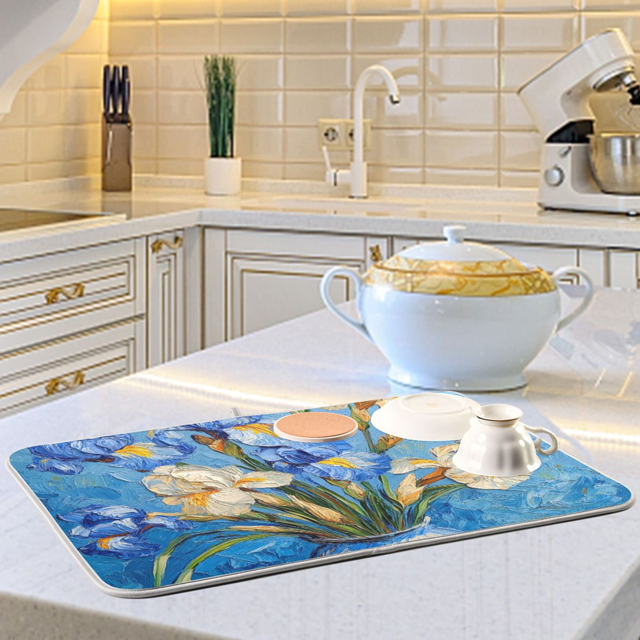 Blue Flowers in Pots Dish Drying Mats for Kitchen Counter Absorbent ...