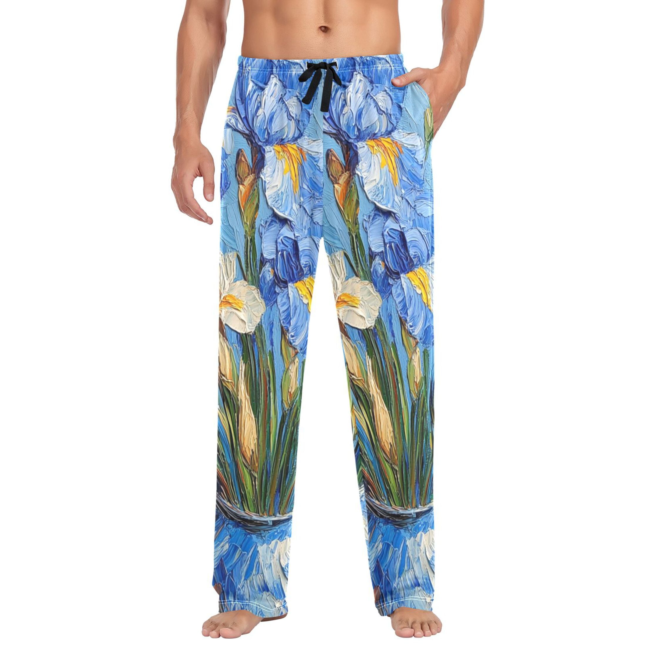 Blue Flowers in Pots Mens Cotton Pajama Pant Sleep and Lounge Bottons ...