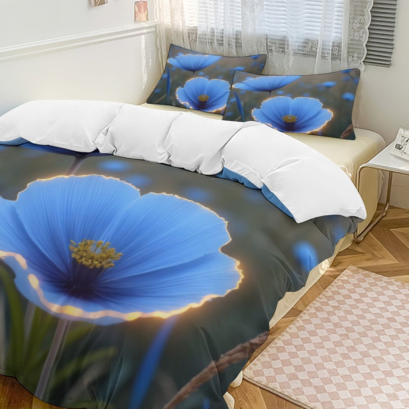 Blue Flowers in Sunset Glow Duvet Cover Set Bedding Set Polyester Quilt ...