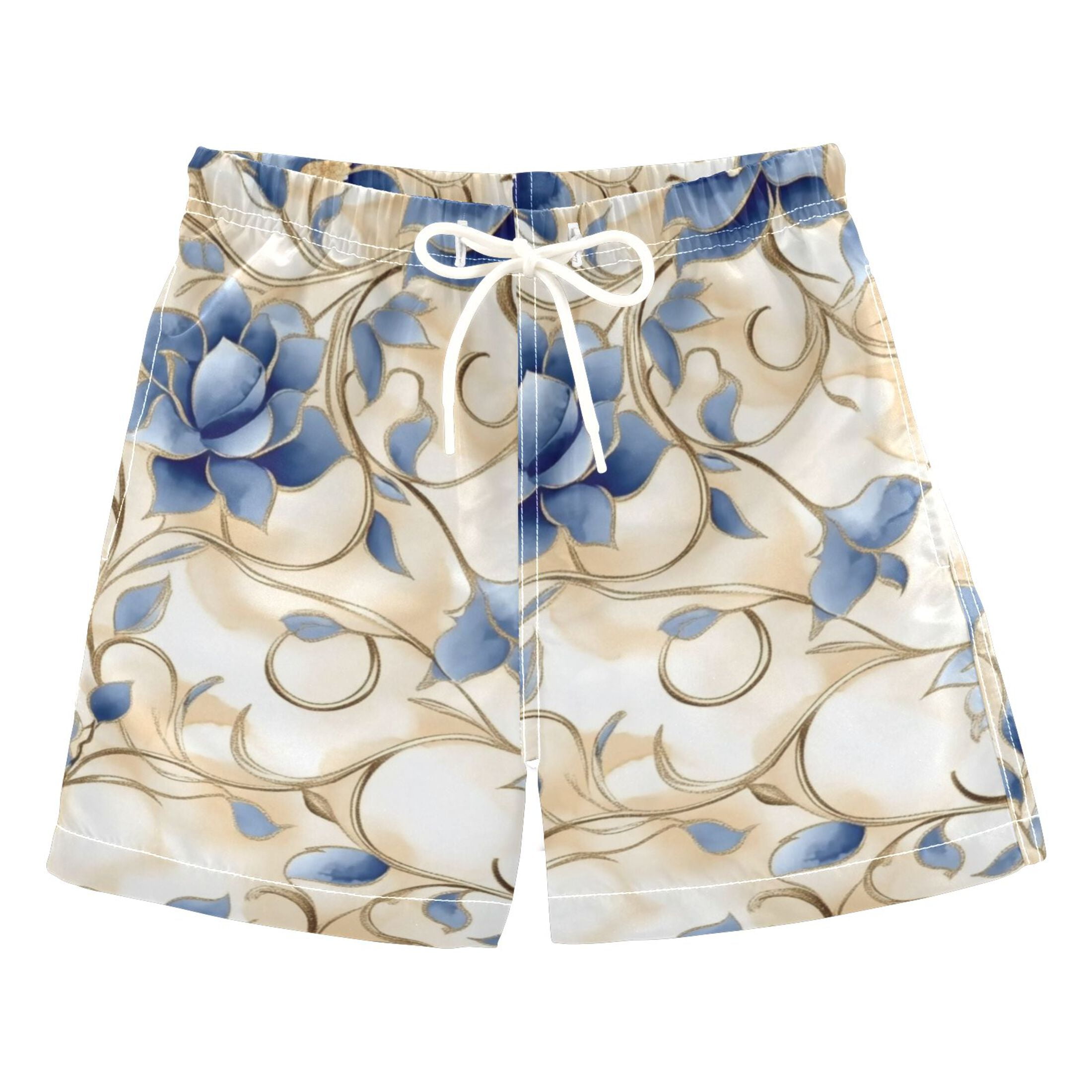 Blue Flowers on Beige Background Boys Swim Trunks Quick Dry Boy Swim ...