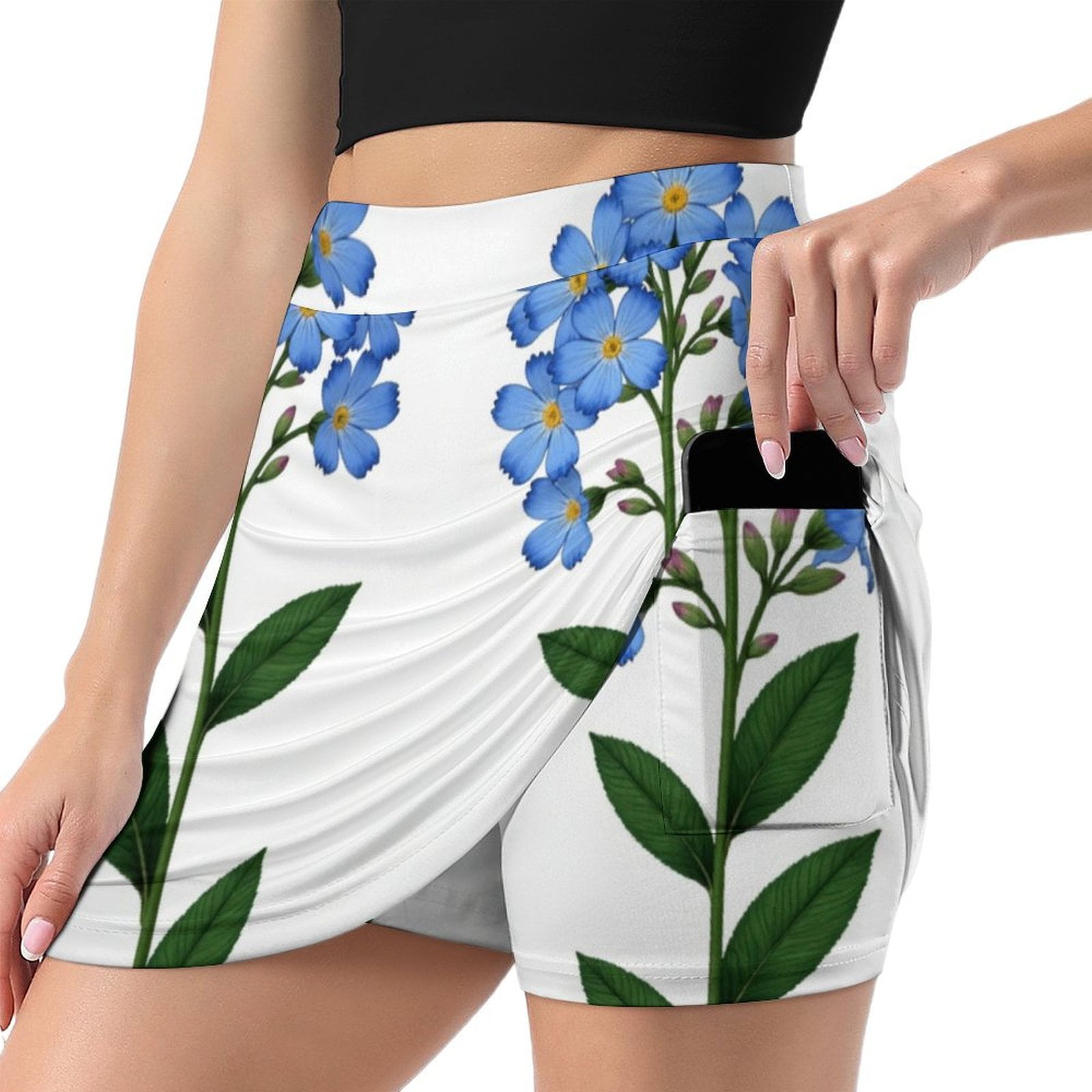 Blue Flowers on Stems Women's Shorts Non-Slip Single Pocket A-line ...