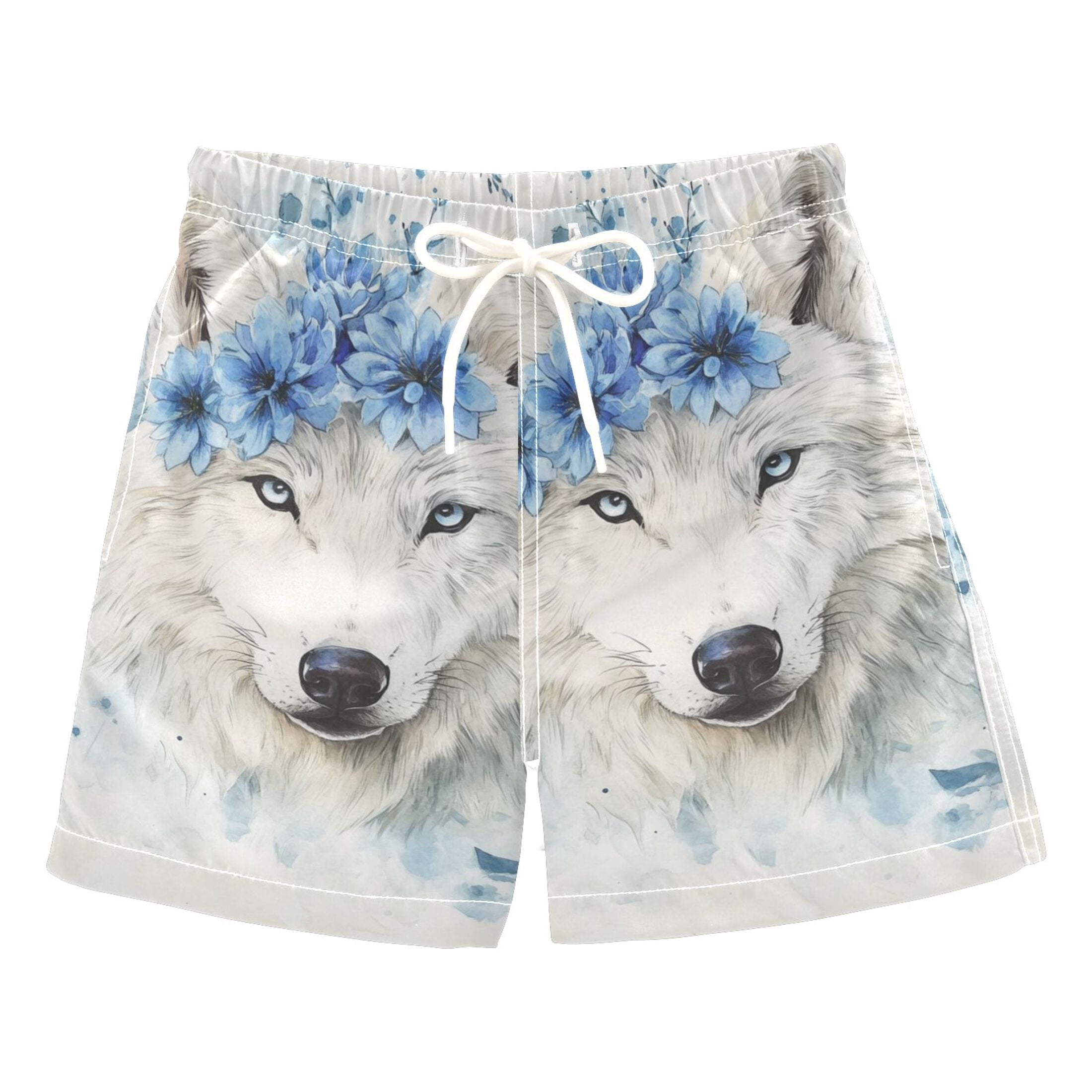 Blue Flowers on Wolf Head Watercolor Boys' Swim Trunks Board Shorts ...