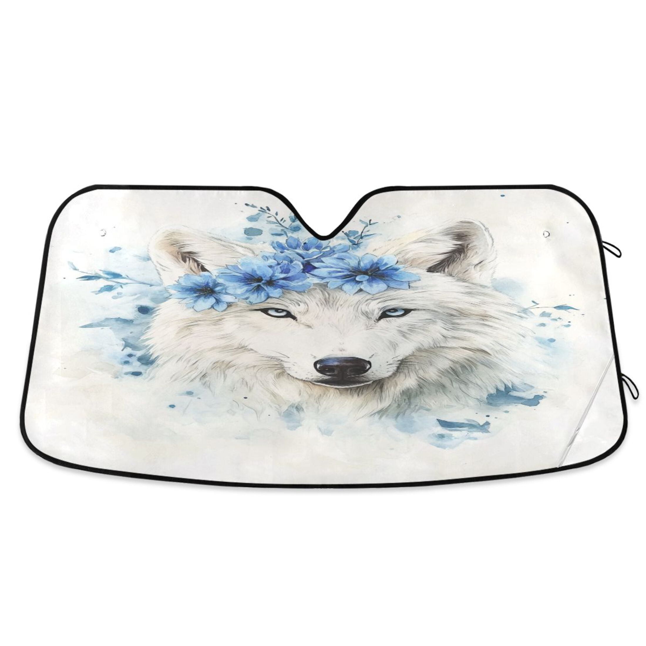 Blue Flowers on Wolf Head Watercolor Windshield Sun Shade Automobile ...
