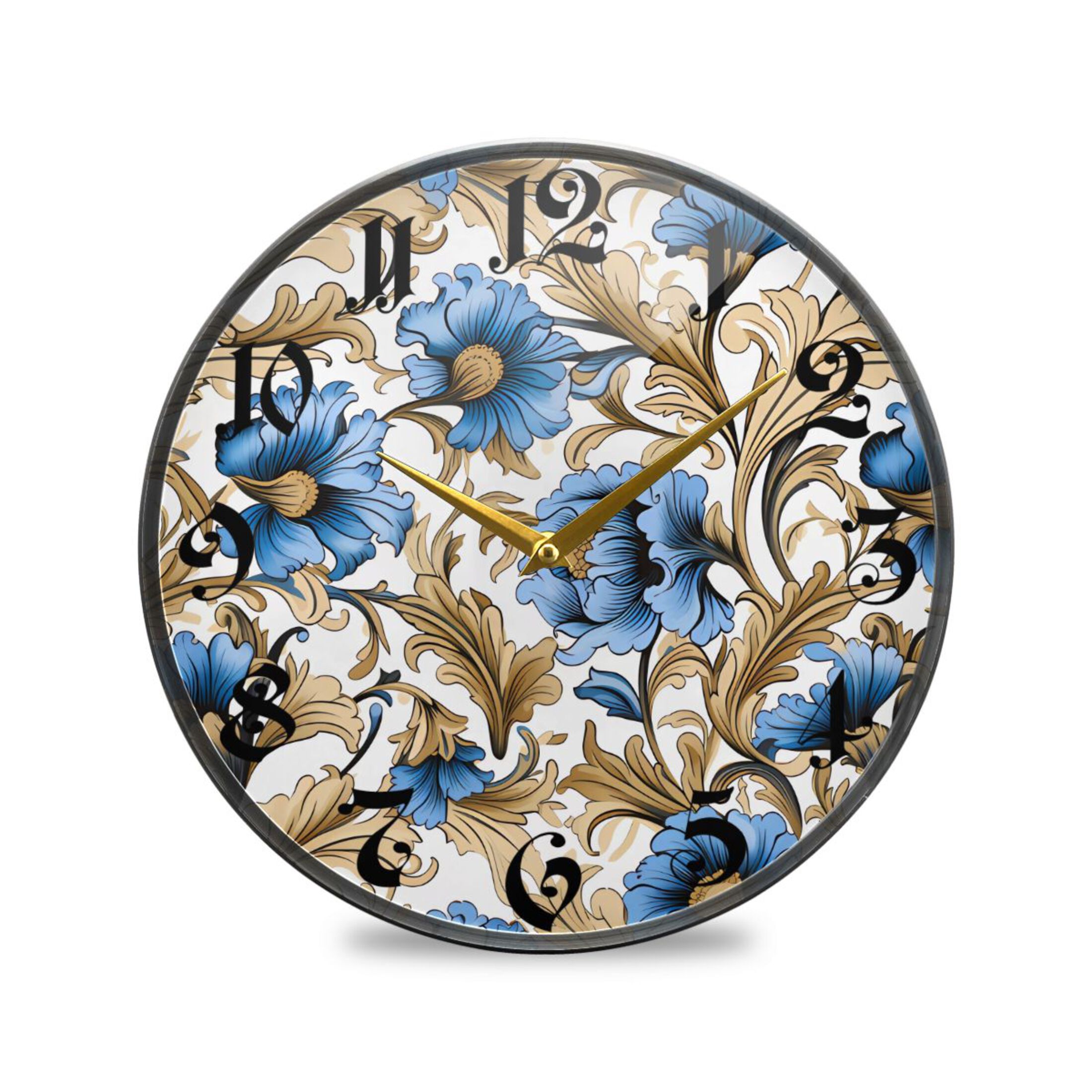 Blue Flowers with Gold Leaves Acrylic Wall Clocks Quiet Round Clock ...