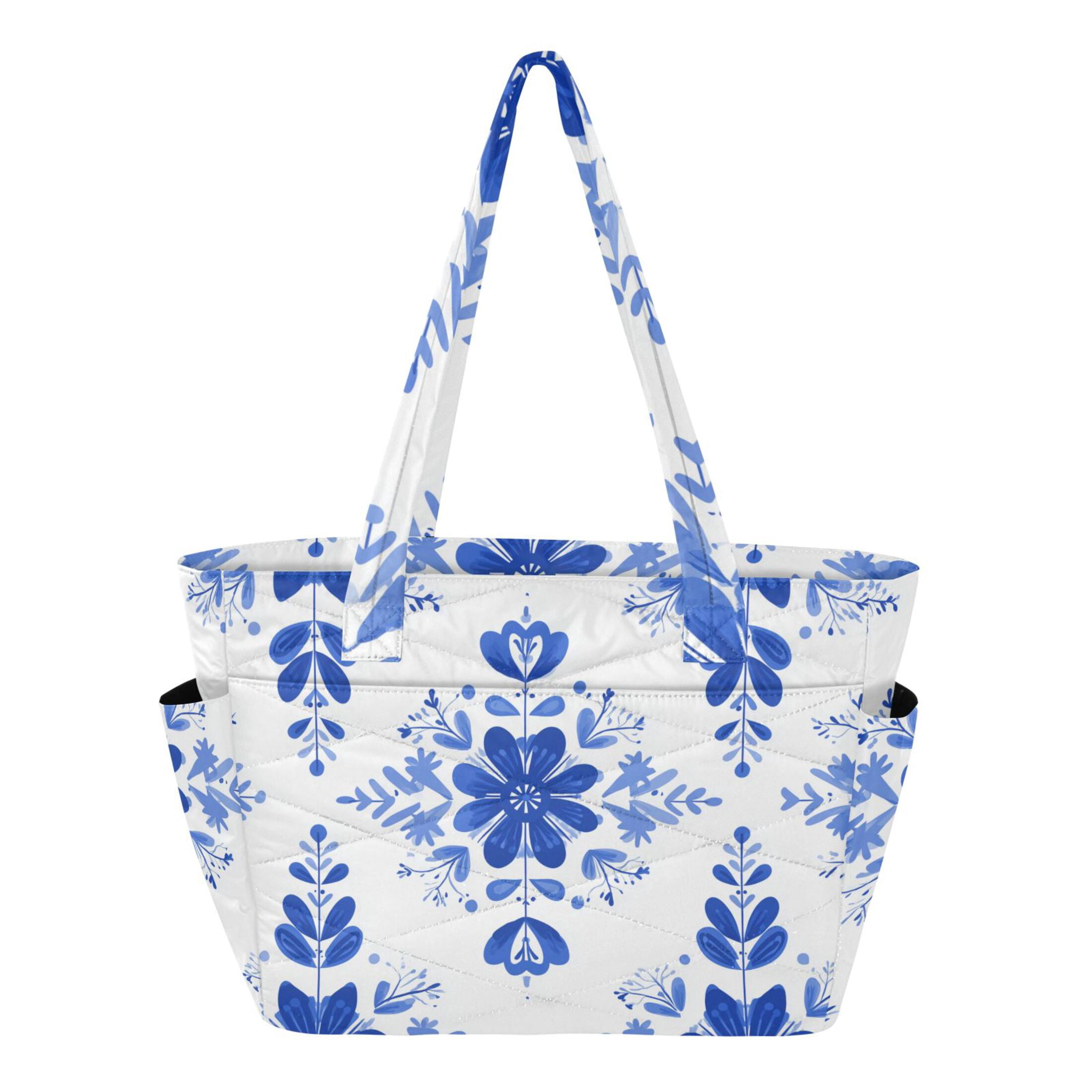 Blue Flowers with Leaves Symmetrical Pattern Women's Quilted Tote ...
