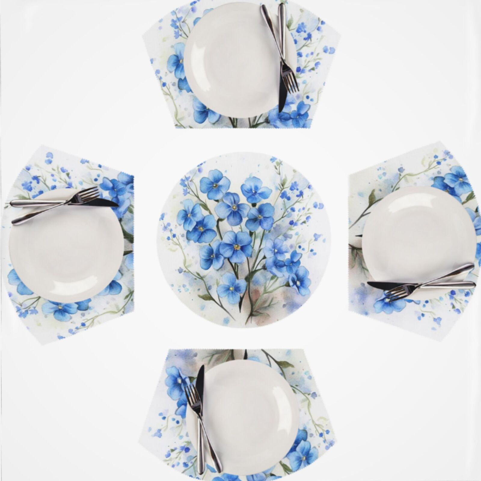 Blue Flowerwatercolor (4) Round Table Placemats Set Of 5 Wedge Table ...