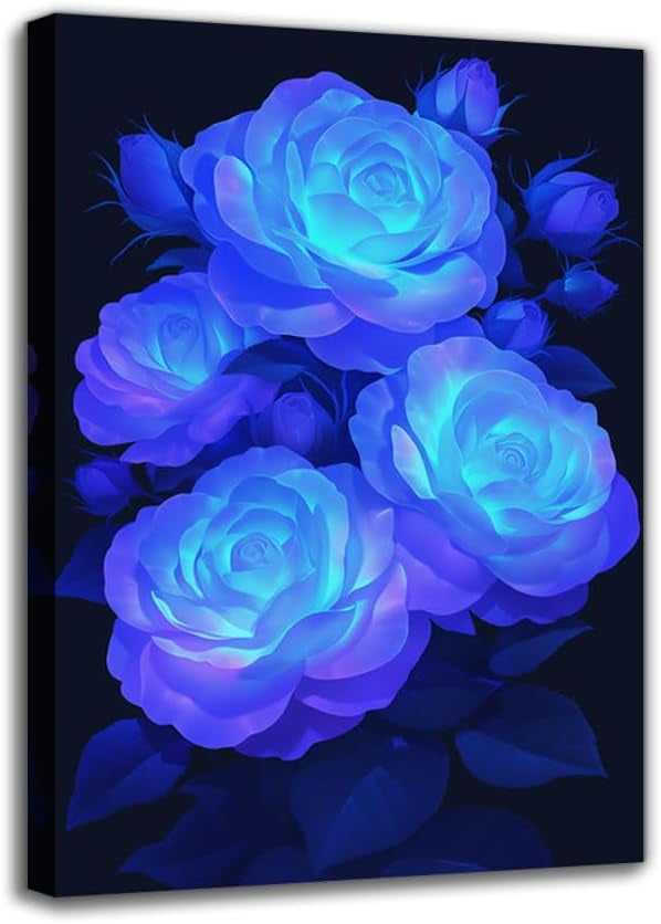 Blue Fluorescent Roses Canvas Wall Art Print - Modern Framed Florals ...