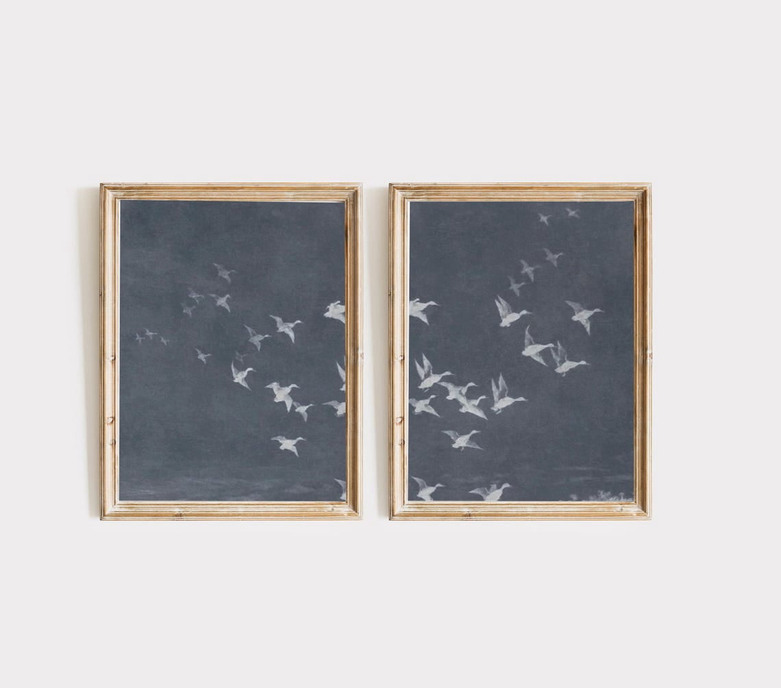 Blue Flying Bird Abstract Wall Art, Beige Mid Century Modern Beach ...