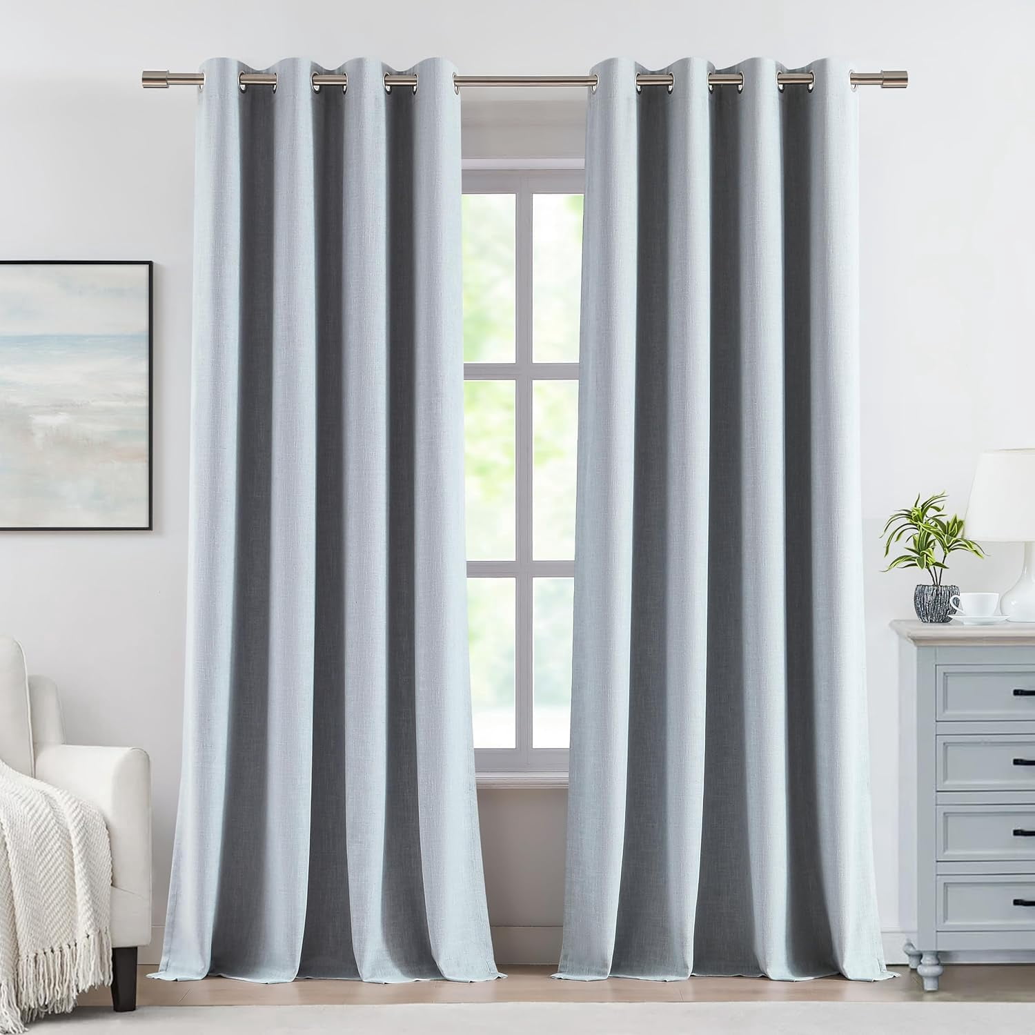 Blue Fog Linen Full Blackout Curtains Grommet Complete Room Darkening ...