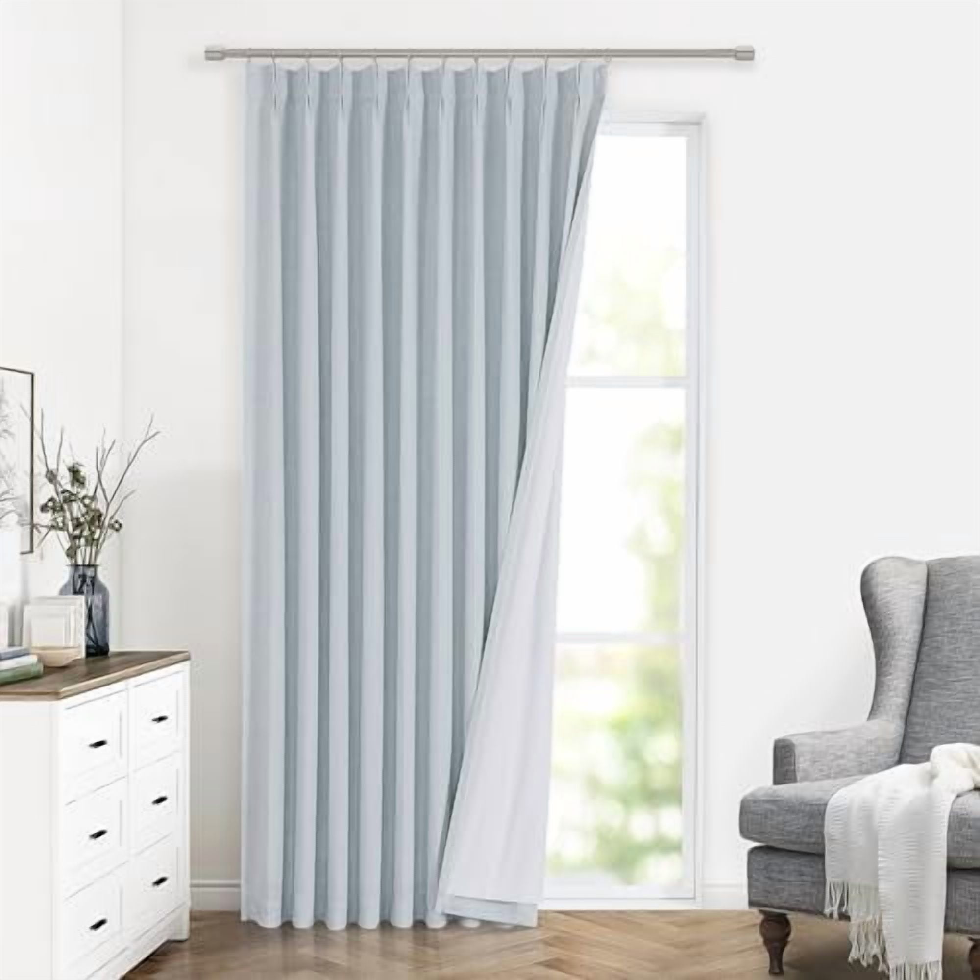 Blue Fog Pinch Pleated Full Blackout Curtains Linen Blended Room ...