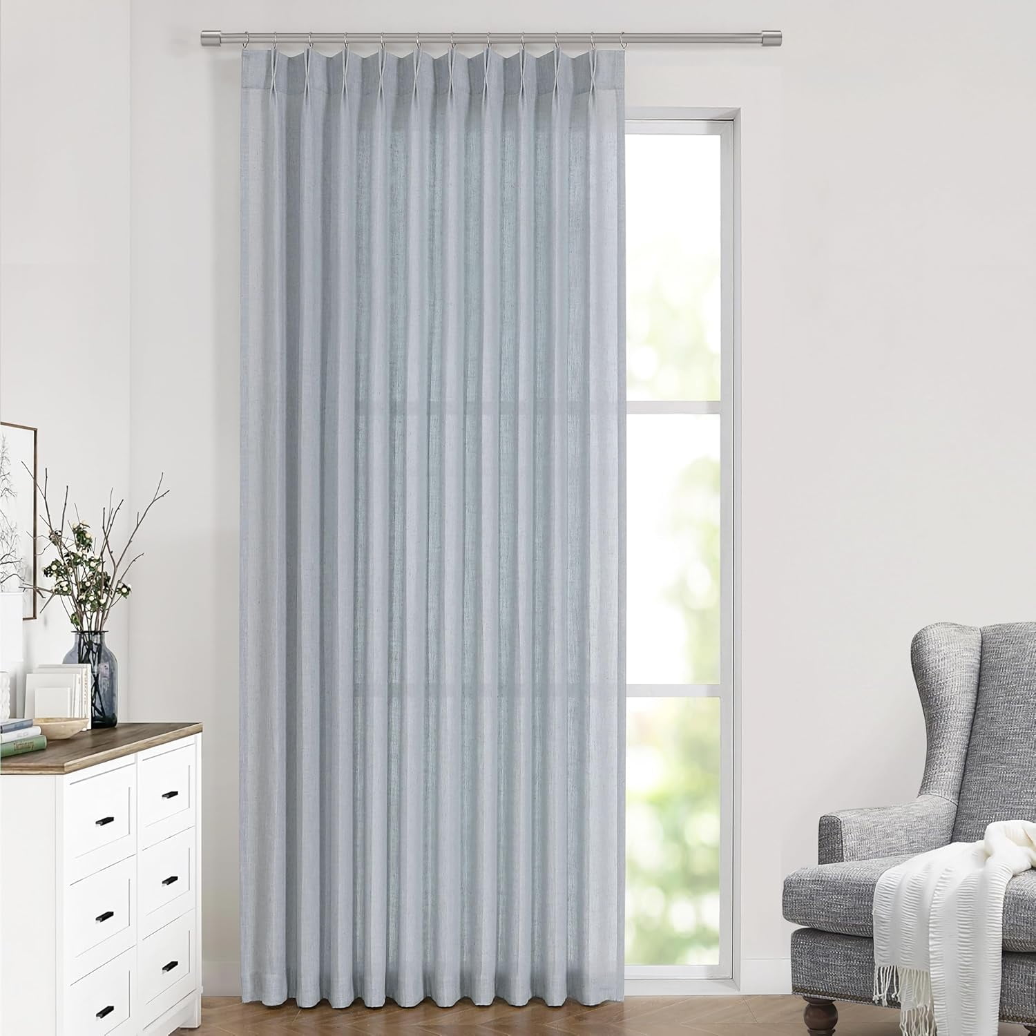 Blue Fog Pinch Pleated Semi Sheer Curtains Textured Linen Blended Light ...