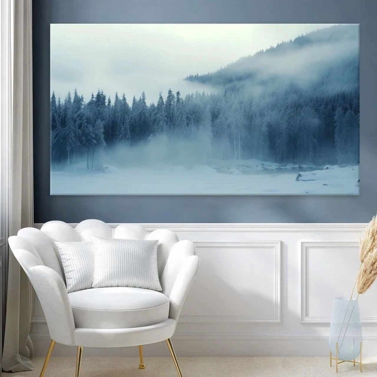 Blue Foggy Forest Paint Winter Nature Wall Art Home Decor Vintage Gift ...