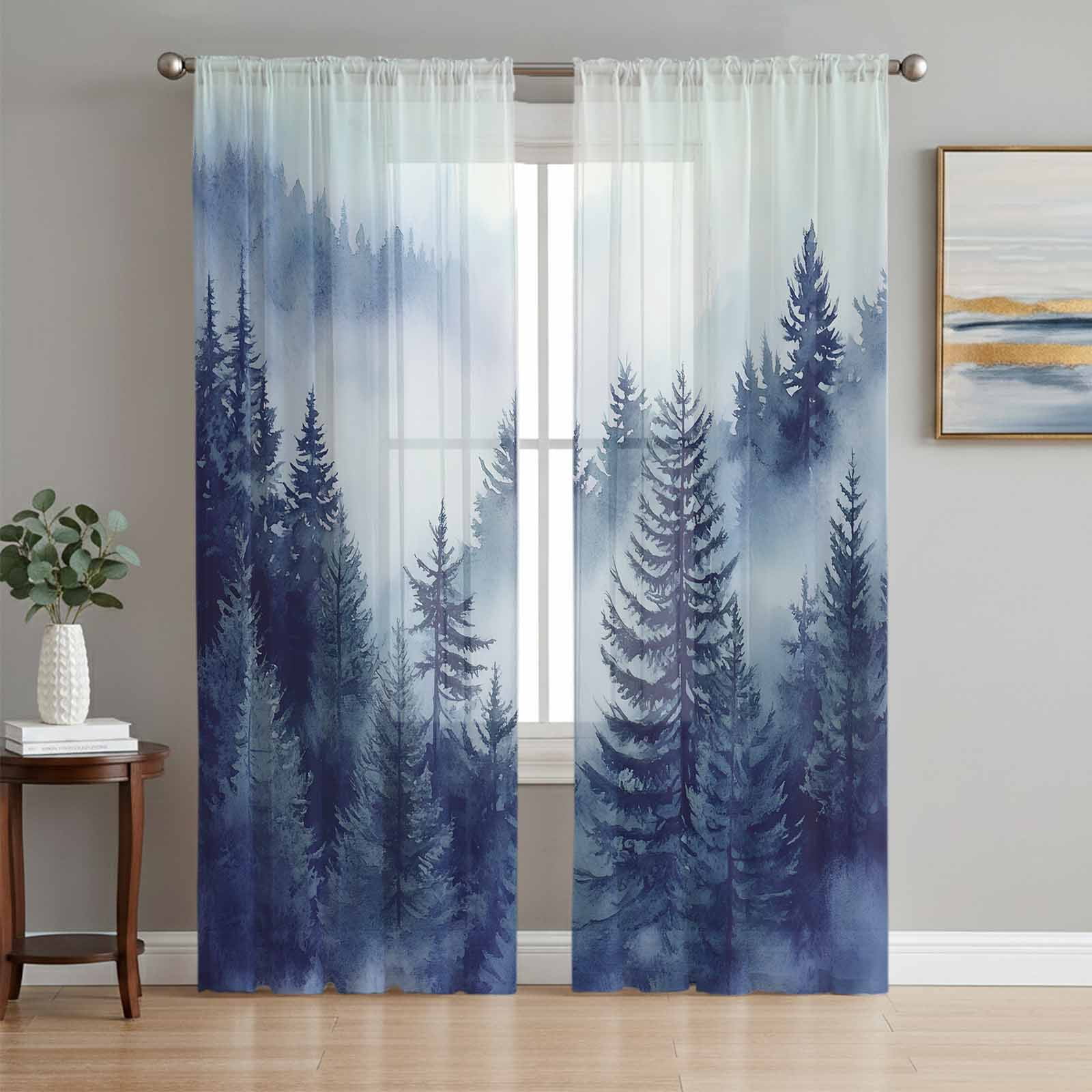 Blue Foggy Forest Sheer Curtains 63 Inch Length 2 Panels Set ...