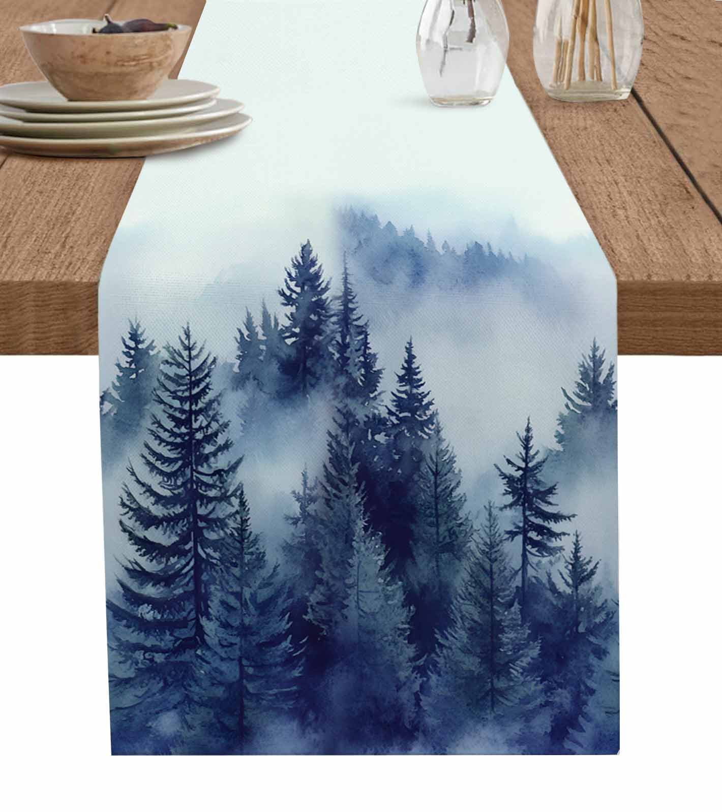 Blue Foggy Forest Table Runner Cotton Linen 90 Inch Holiday Dresser ...