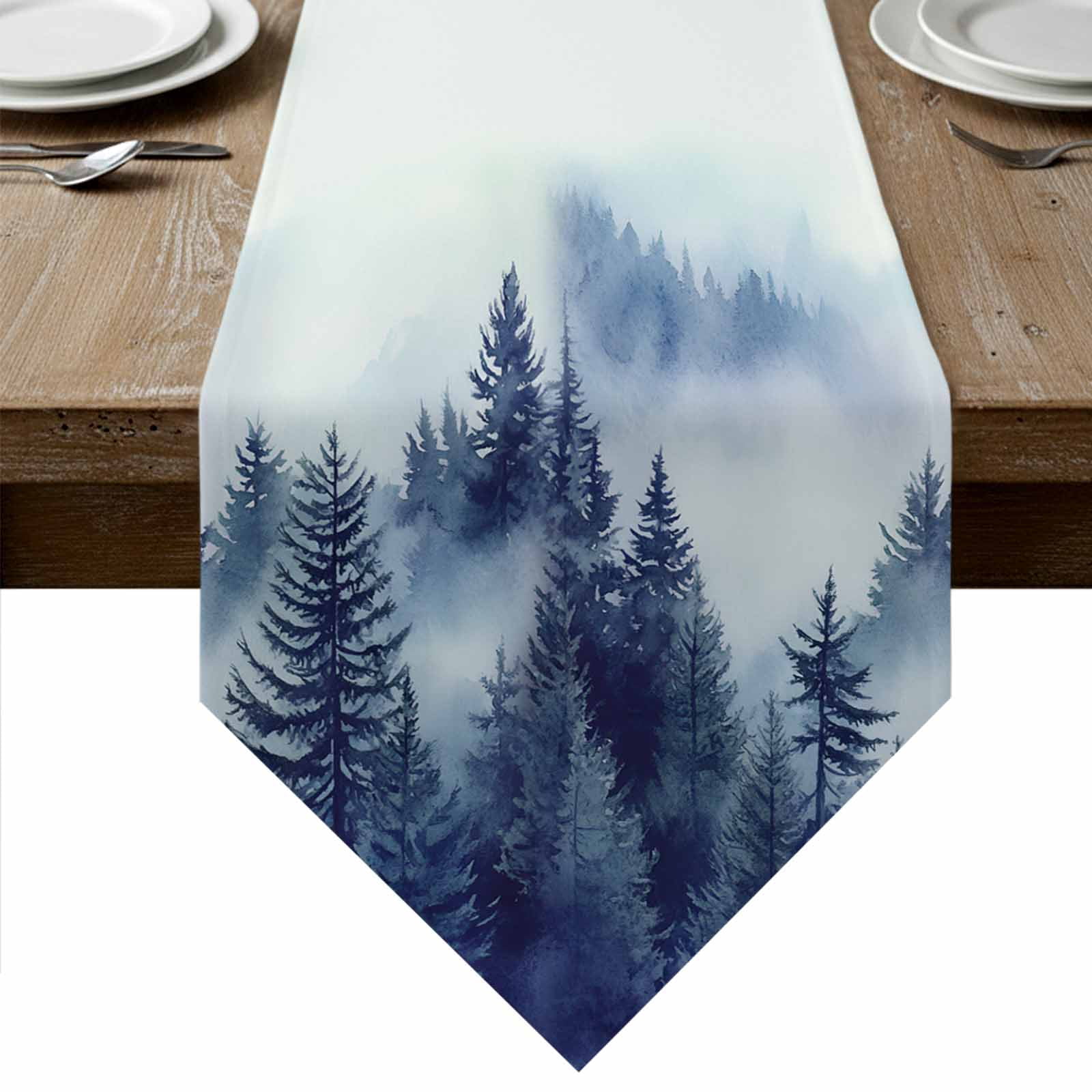 Blue Foggy Forest Table Runner Linen Burlap Table Runner 120 Inches ...