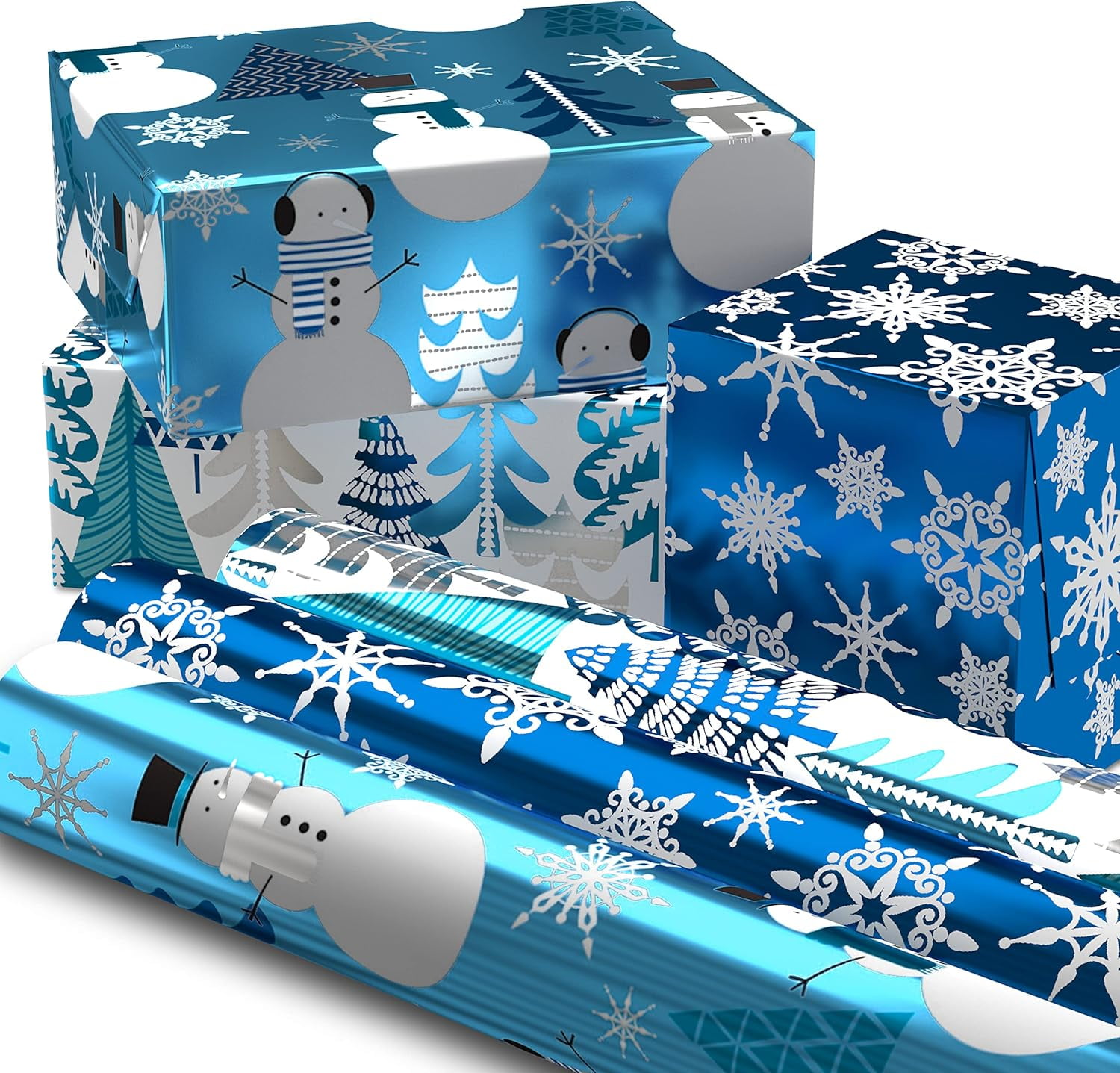 Blue Foil Christmas Wrapping Paper with Cut Lines on Reverse (3 Rolls ...