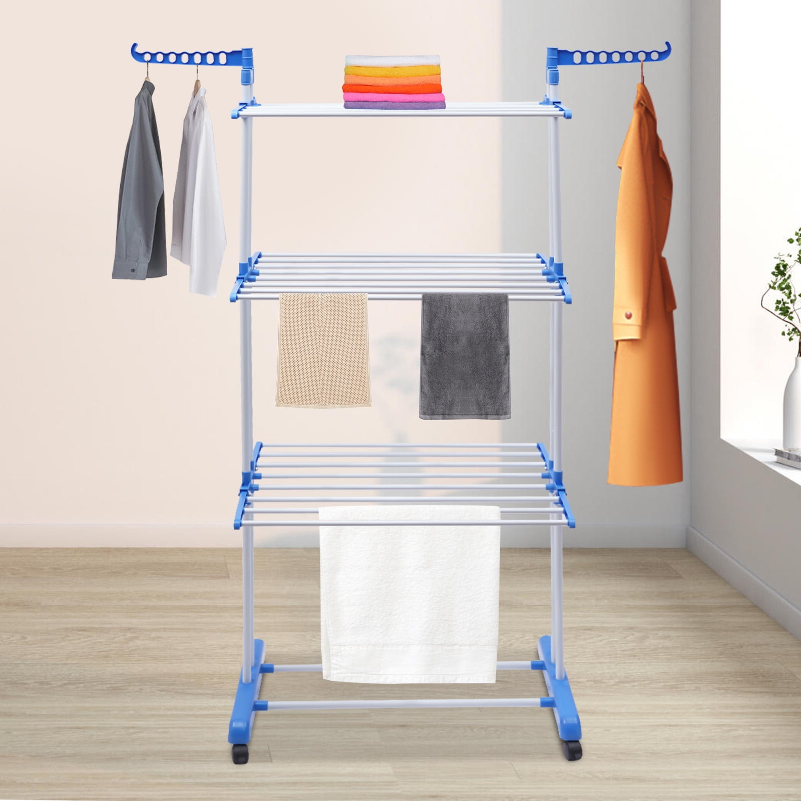 Blue Folding Clothes Drying Rack 4-Tier Clothes Horses Rack Stainless ...