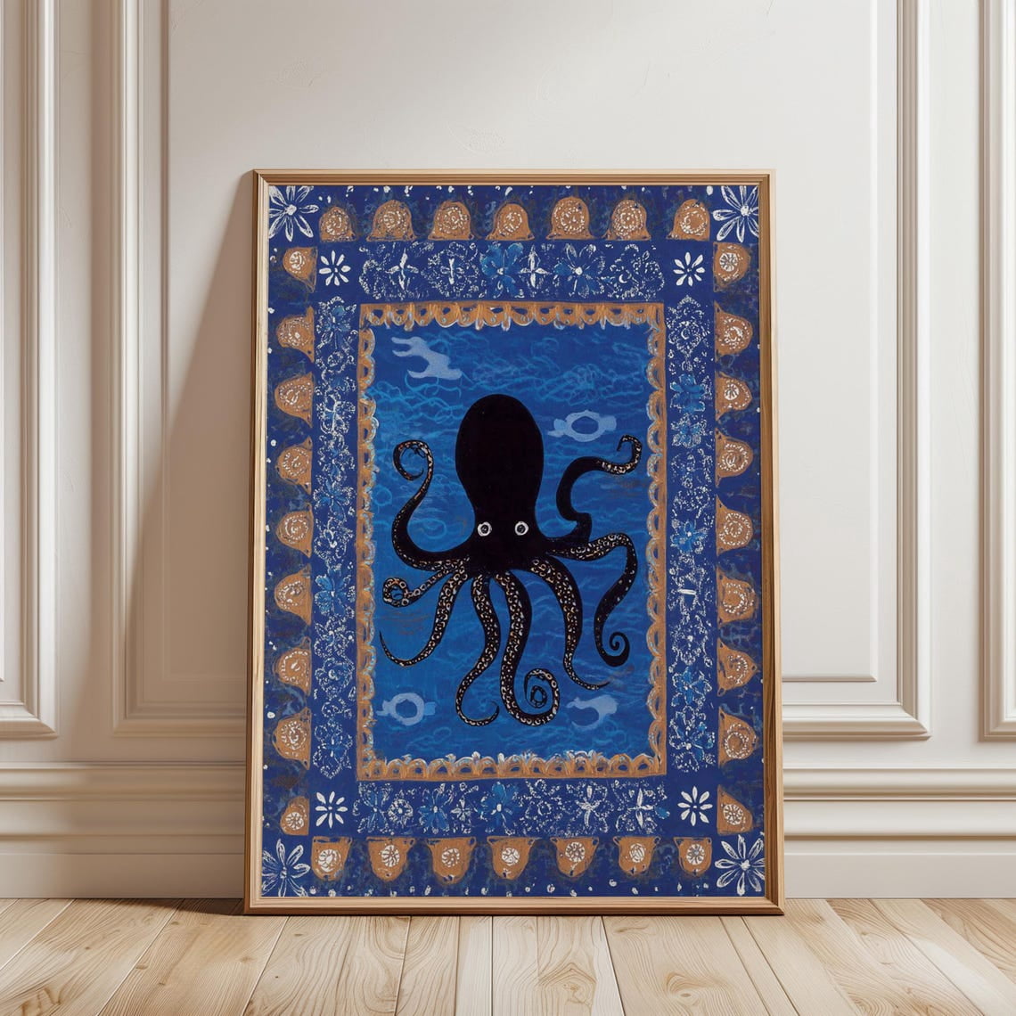 Blue Folk Art Octopus Illustration Sea Life Animal Home Decor Print ...