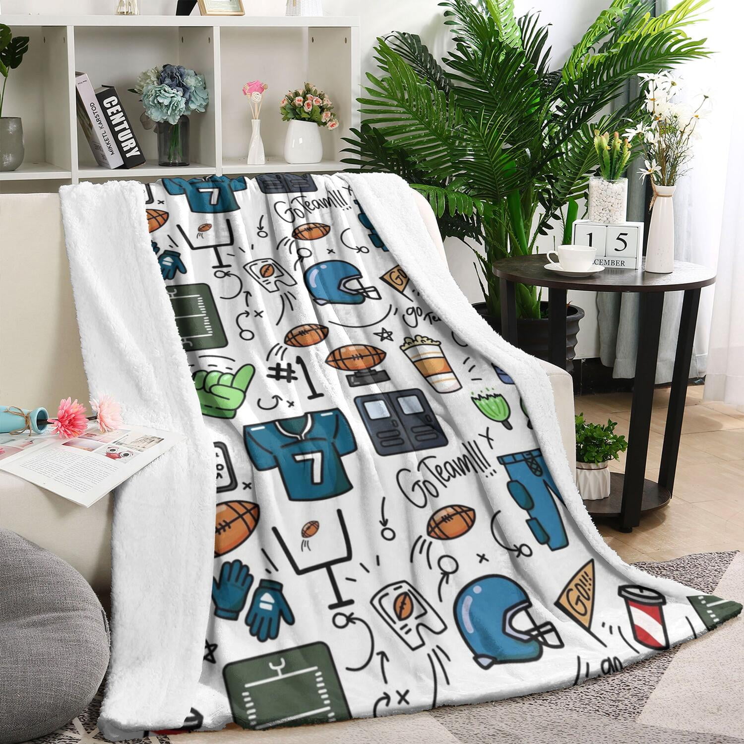 Blue Football Game Icons Pattern Blanket,Comfortable Soft Lamb Wool ...