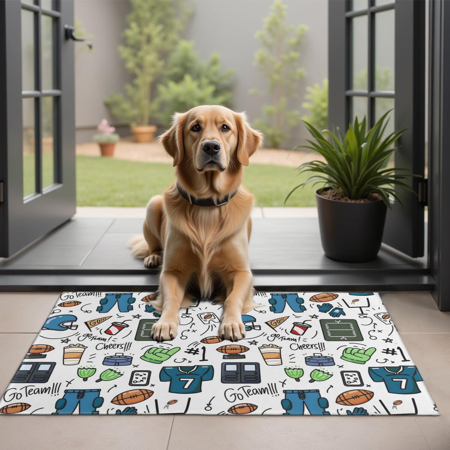 Blue Football Game Icons Pattern Door Rugs,Washable Non Slip Door Mats ...