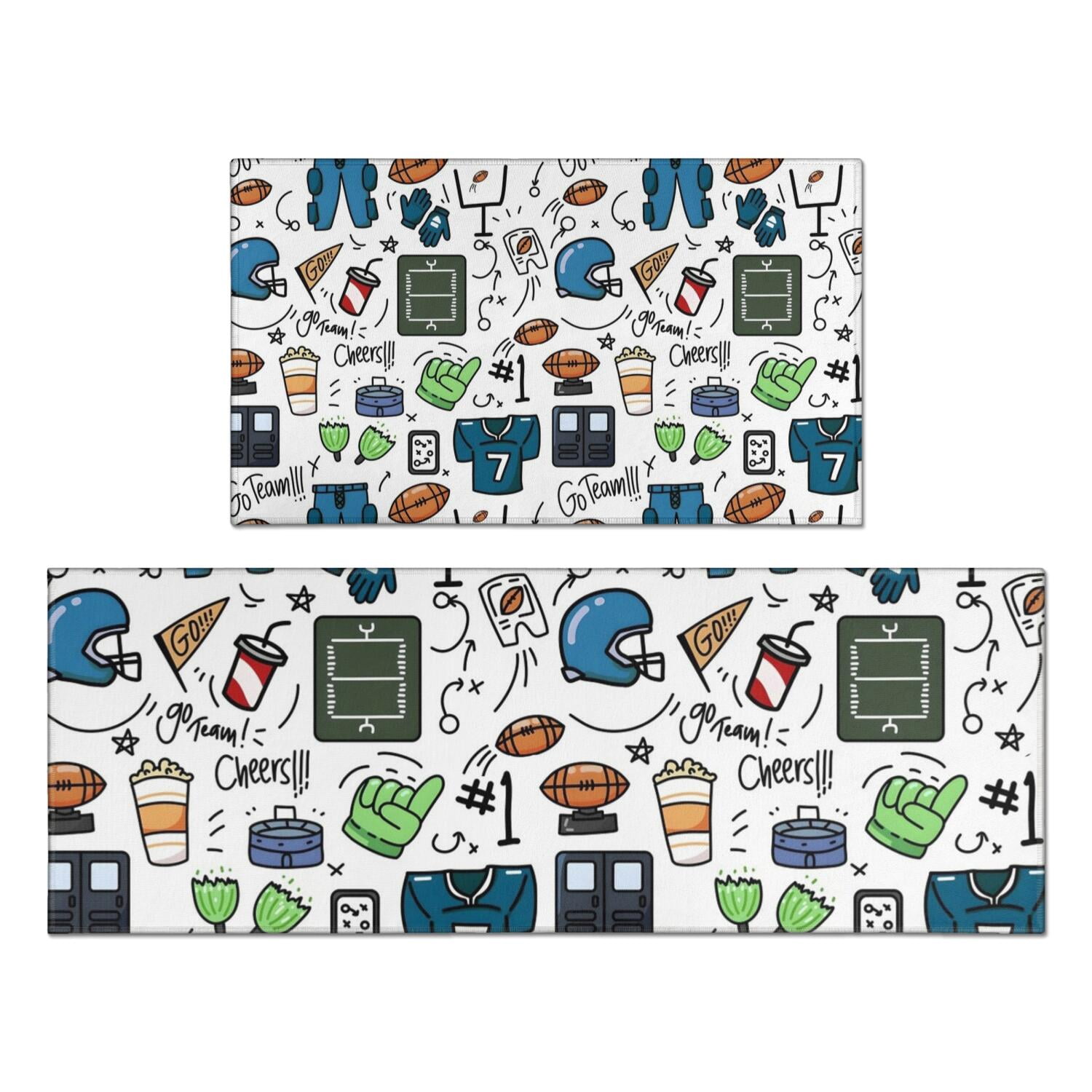 Blue Football Game Icons Pattern Kitchen Rugs Sets Of 2,Anti Fatigue ...