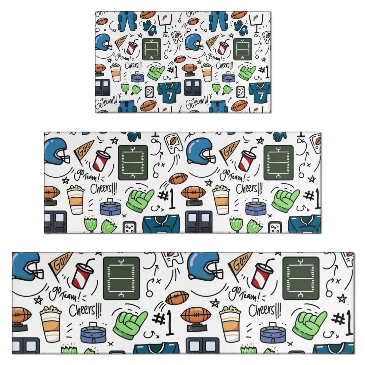 Blue Football Game Icons Pattern Kitchen Rugs Sets Of 3,Kitchen Runner ...